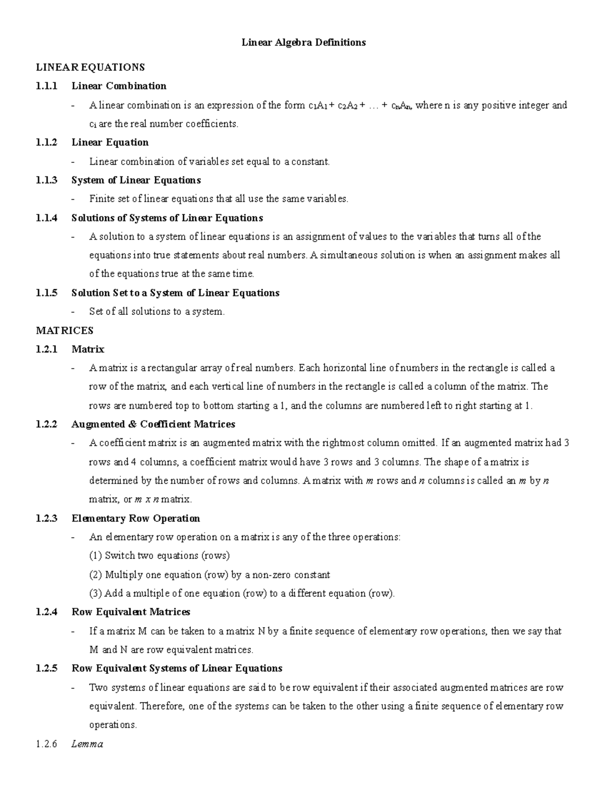 Chapter 1 Definitions - Linear Algebra Definitions LINEAR EQUATIONS 1.1 ...