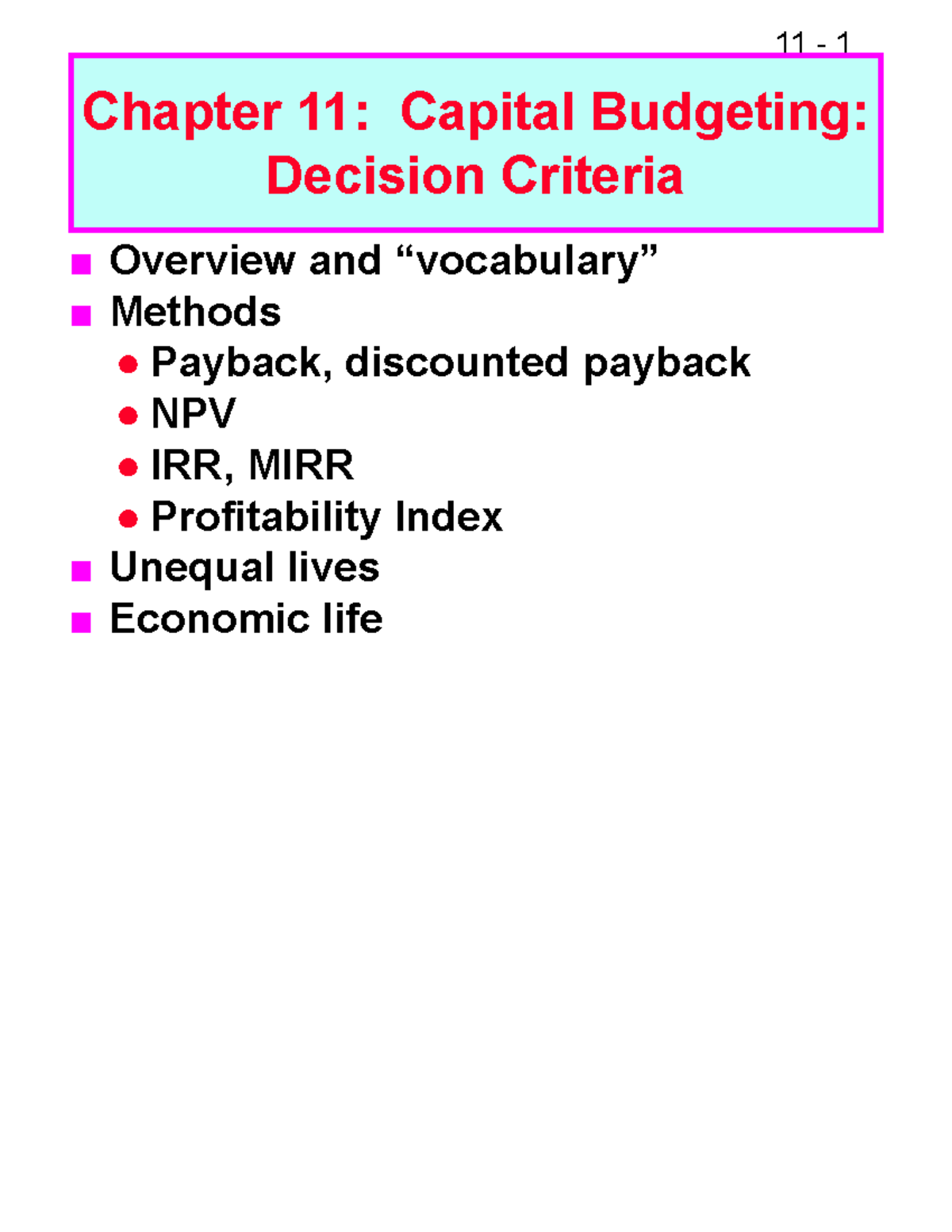 Ch11 - Excellent note - Chapter 11: Capital Budgeting: Decision ...