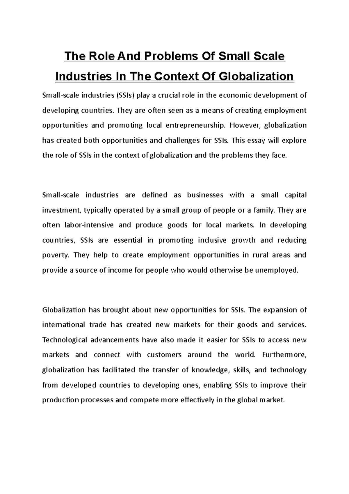 The Role And Problems Of Small Scale Industries In The Context Of ...
