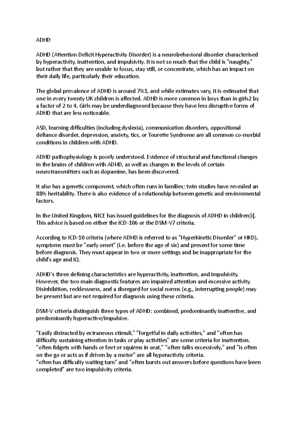 ADHD - Children's nursing notes - ADHD ADHD (Attention Deficit ...