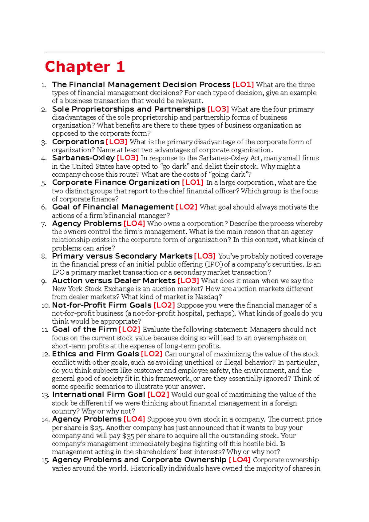 Ch01 Tutorial Questions - Chapter 1 1. The Financial Management Decision Process [LO1] What are ...