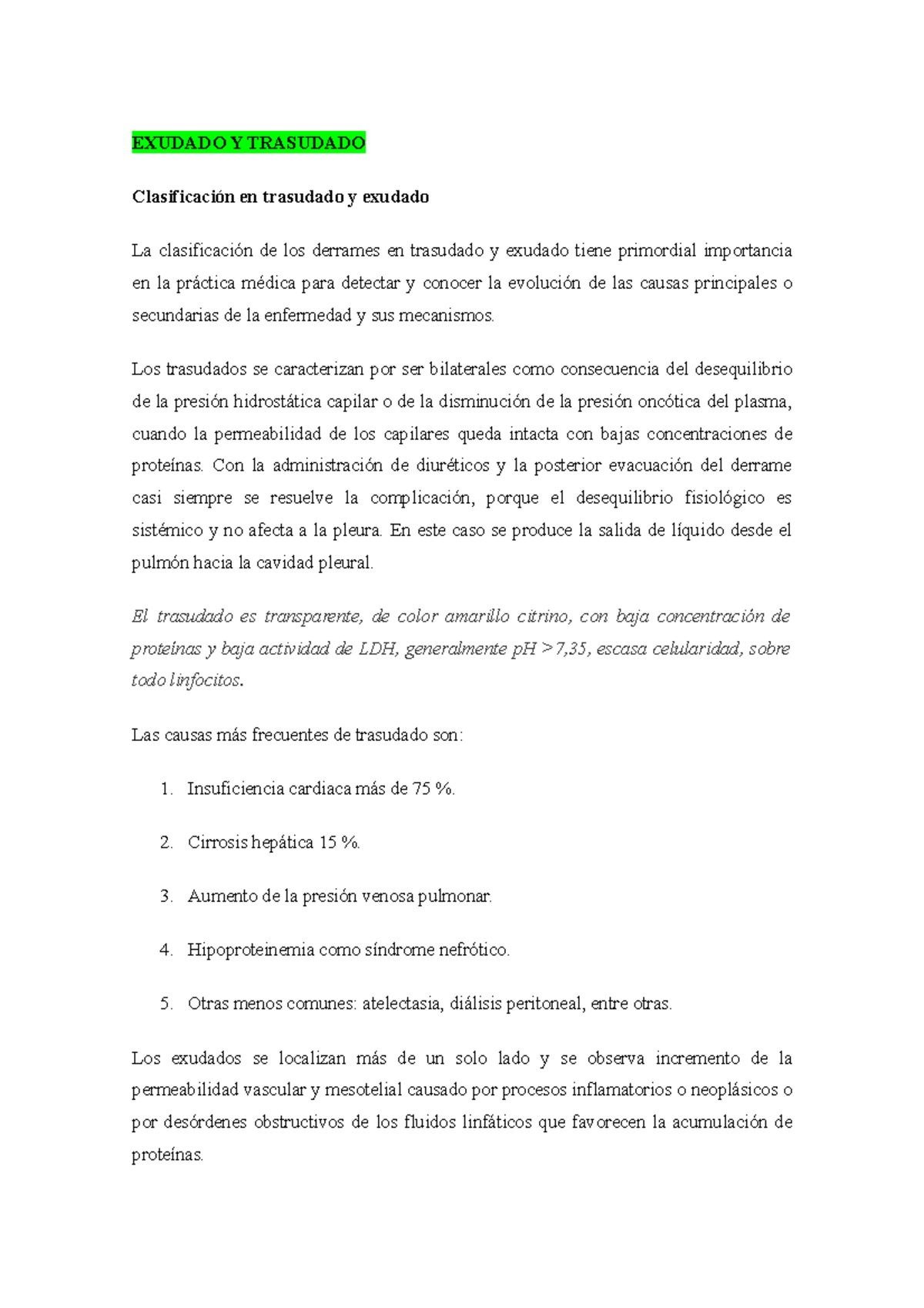 Exudado Y Trasudado - EXUDADO Y TRASUDADO Clasificación en trasudado y ...
