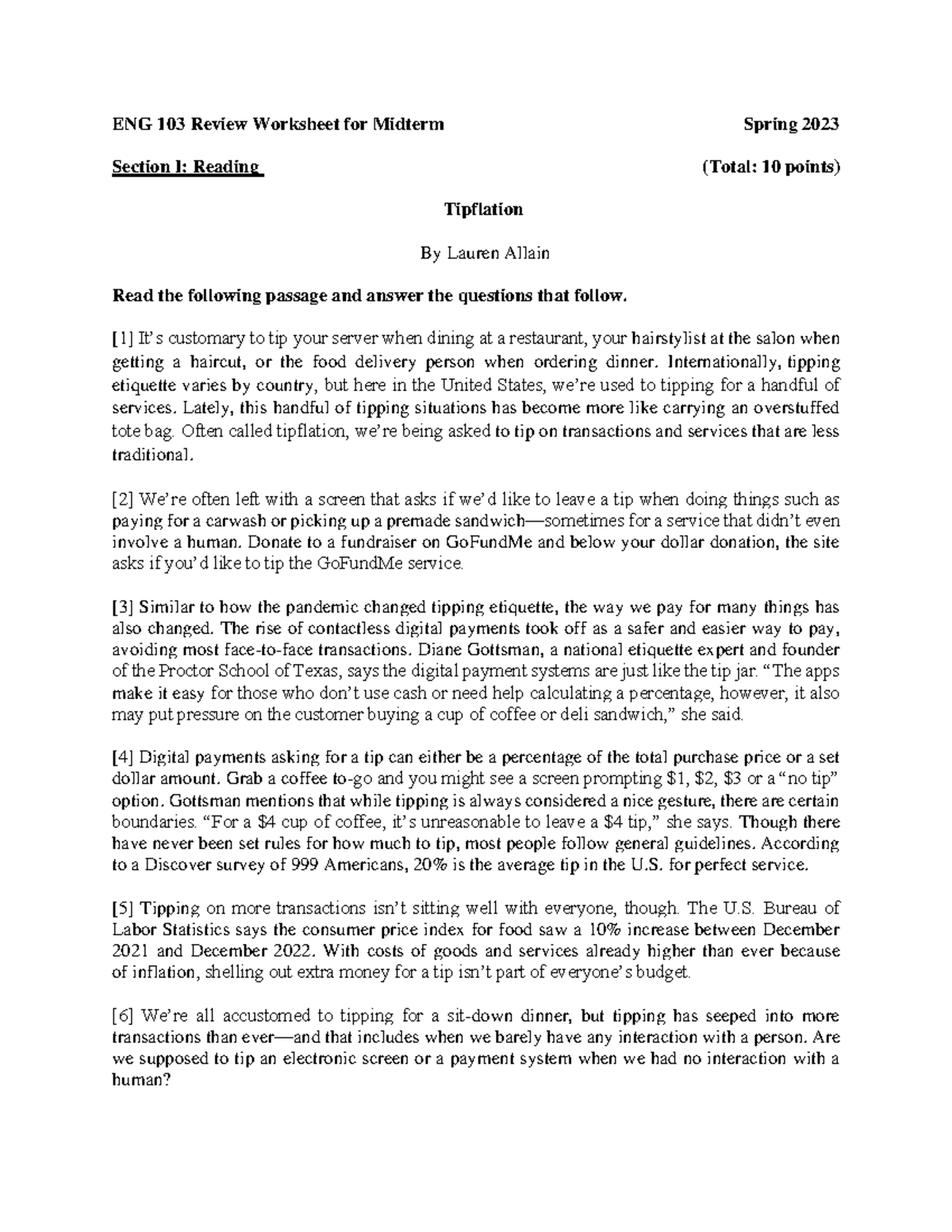 103 Midterm Review Worksheet Spring 2023 - ENG 103 Review Worksheet for Midterm Spring 2023 ...