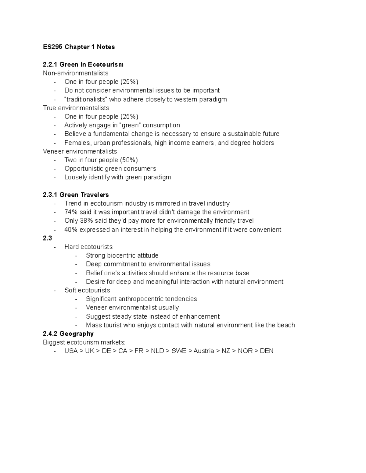 ES295 Chapter 2 Notes - ES295 Chapter 1 Notes 2.2 Green in Ecotourism ...