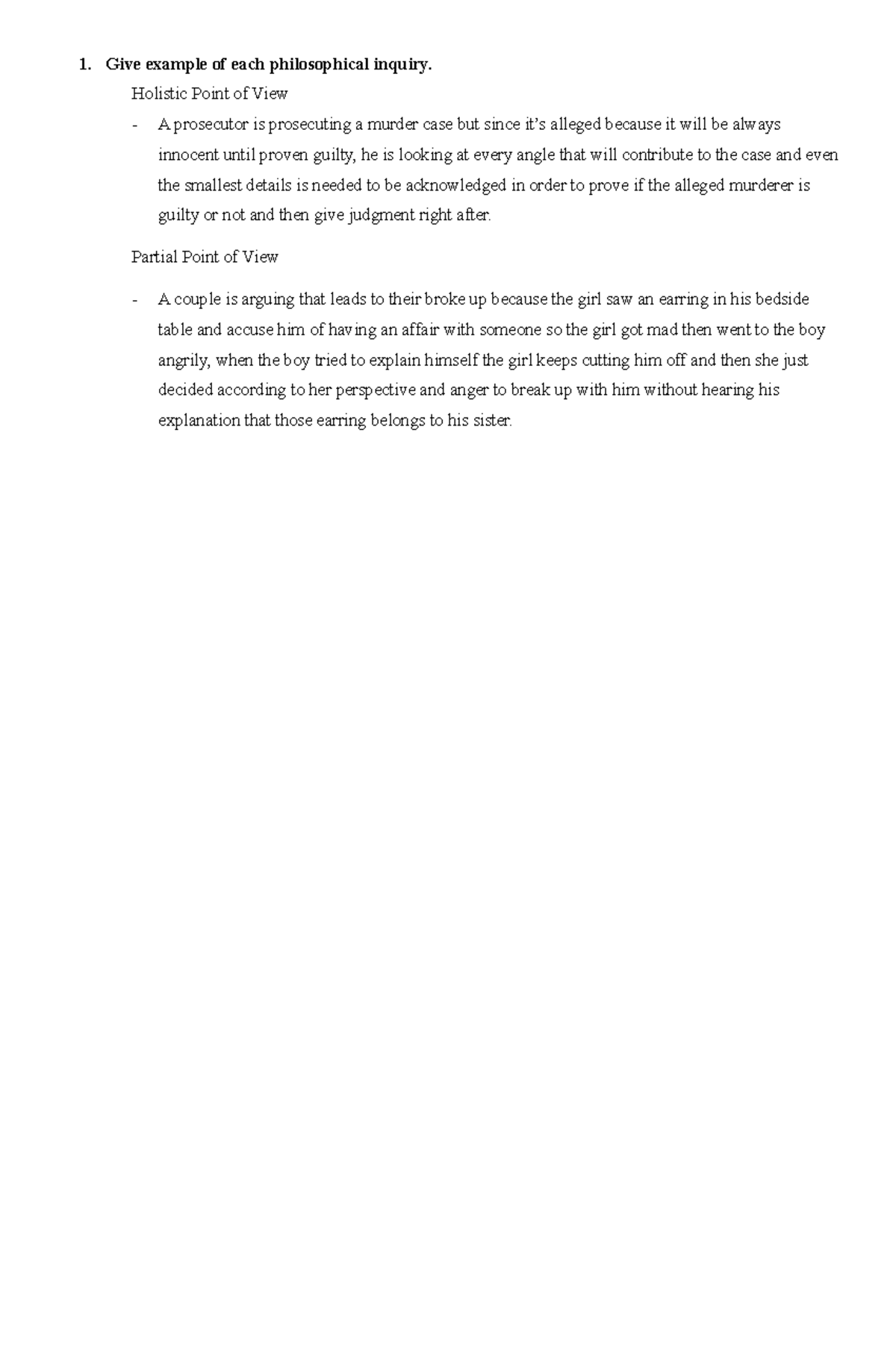 Give example of each philosophical inquiry - 1. Give example of each ...