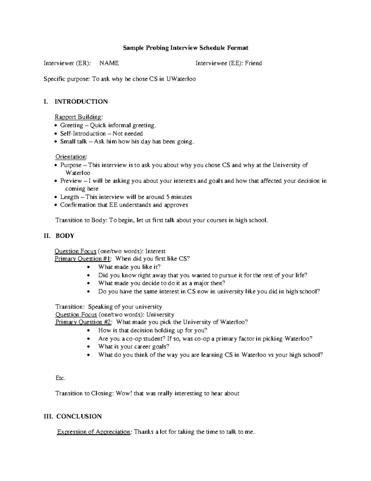 Schedule Format for Probing Interviews CS - Sample Probing Interview ...