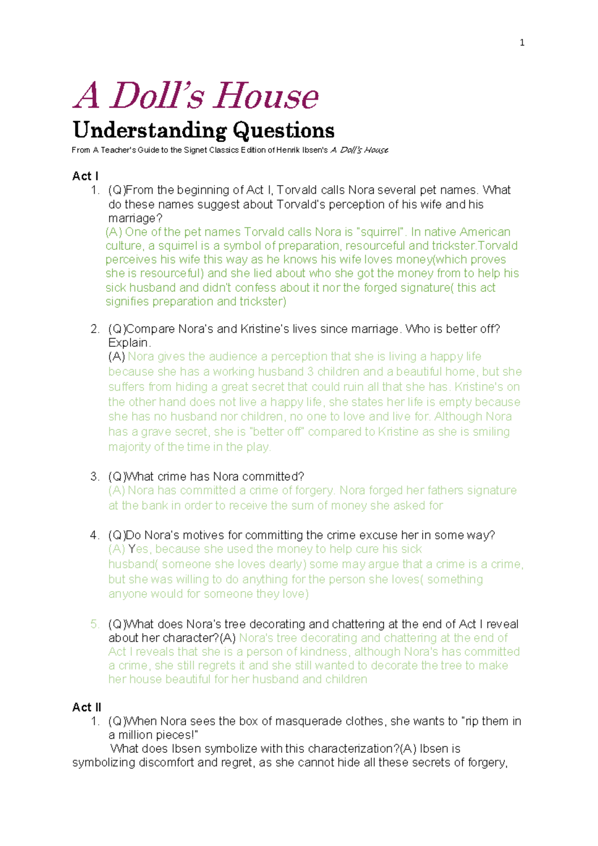 (A Dolls House) - A Doll’s House Understanding Questions From A Teacher ...