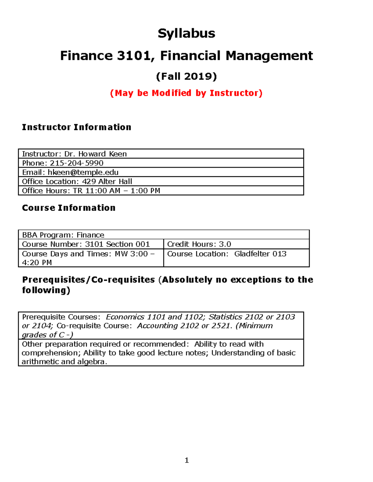 Syllabus Finance 3101 001 Fall 2019 090319 - Syllabus Finance 3101 ...