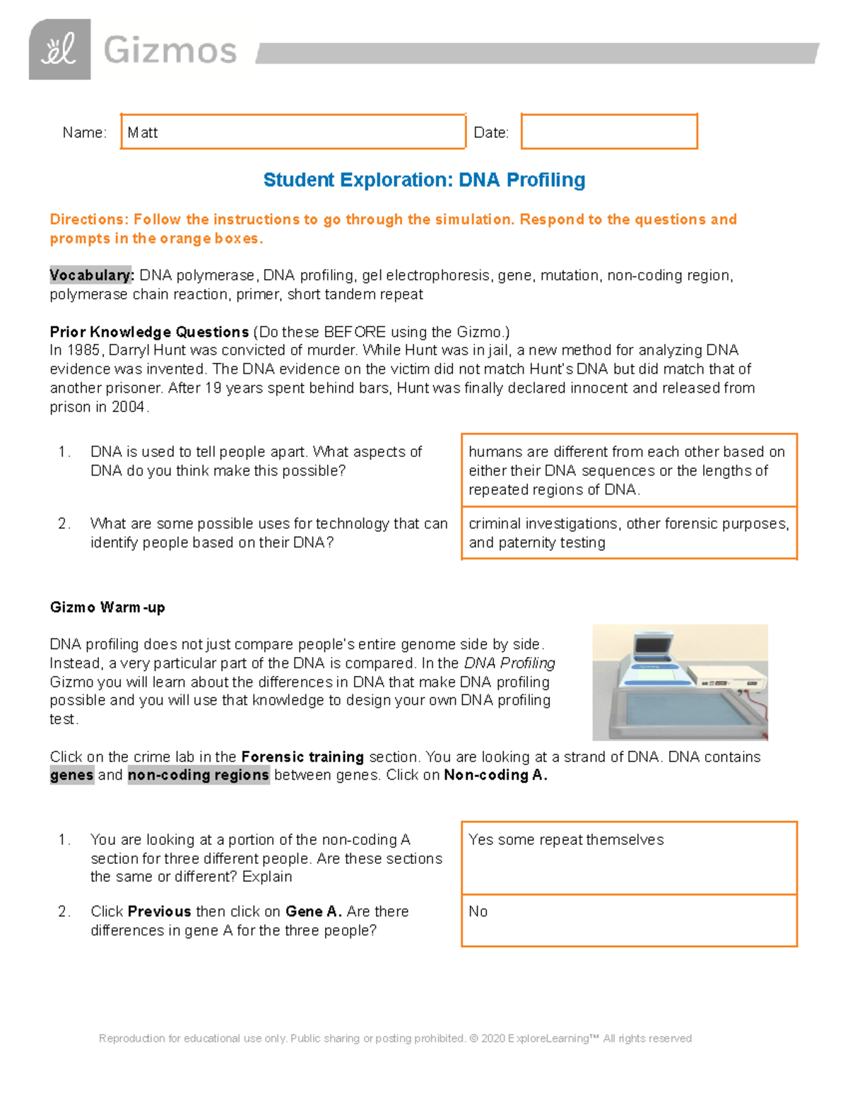 DNAProfiling SE - Kralik - Name: Matt Date: Student Exploration: DNA ...