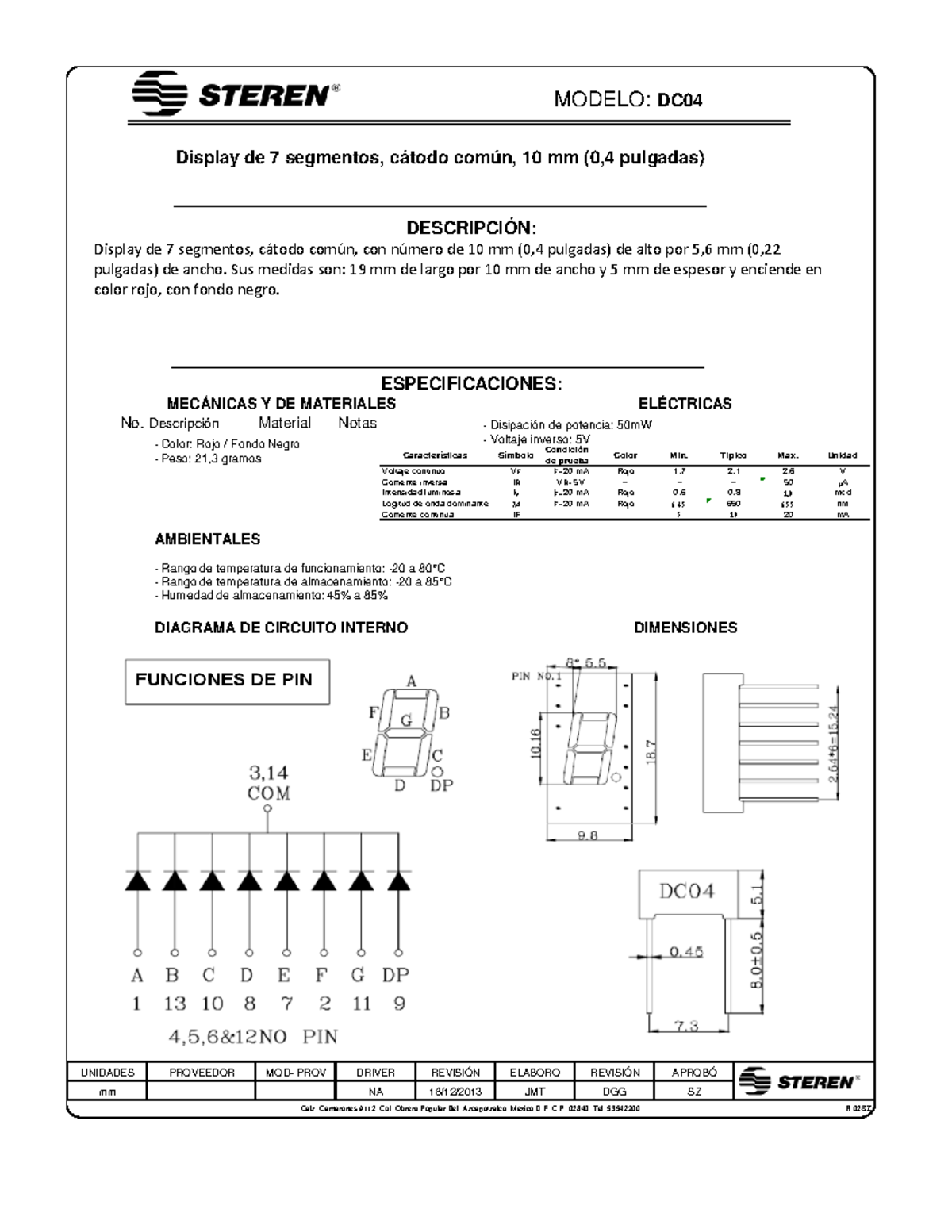 [Datasheet] STEREN Display de 7 segmentos, cátodo común, 10 mm (DC04 ...