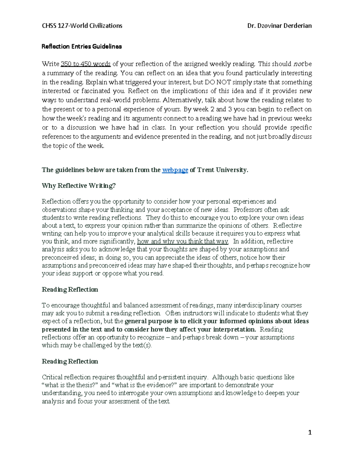 Guidelines for Reflection Entries - CHSS 127-World Civilizations Dr ...