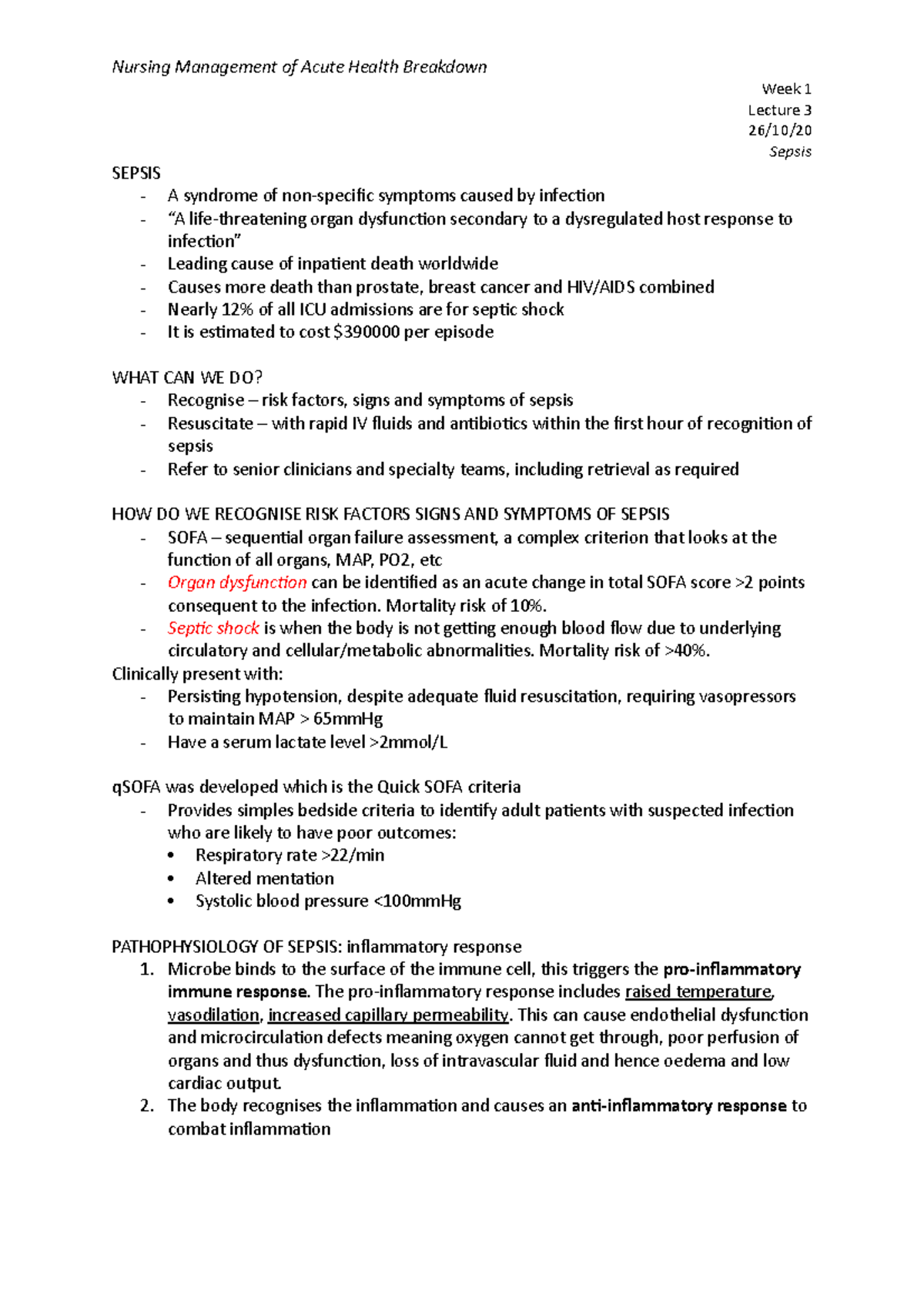 Week 1, Lecture 3 - Week 1 Lecture 3 26/10/ Sepsis SEPSIS A syndrome of non-specific symptoms ...