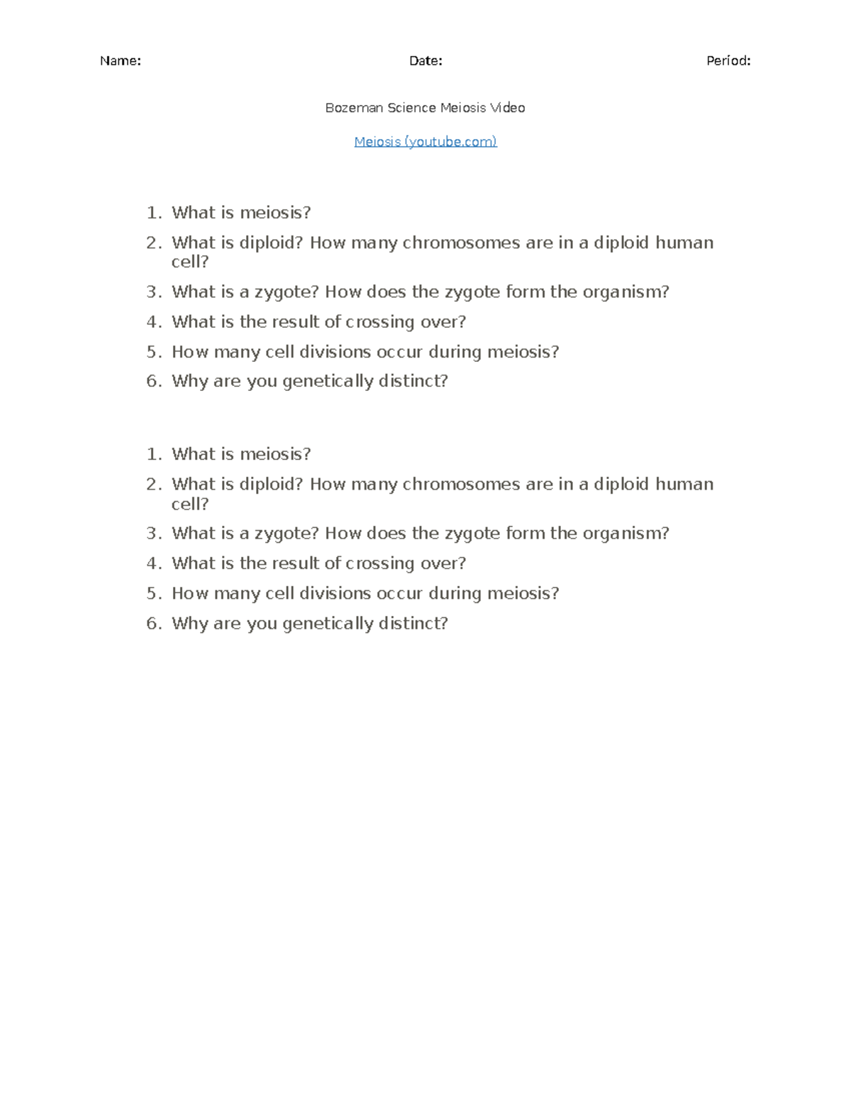 Bozeman Science Meiosis Video - Name: Date: Period: Bozeman Science ...