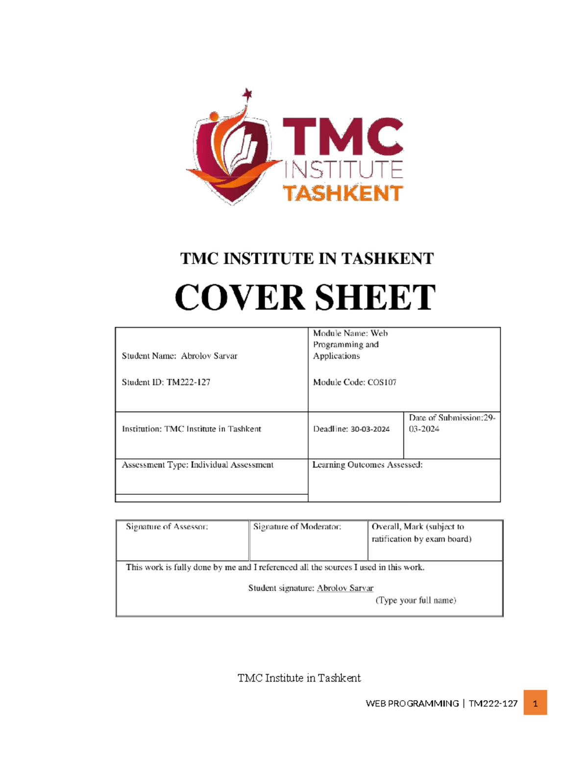 Web Programming and Applications - TMC Institute in Tashkent Table of ...