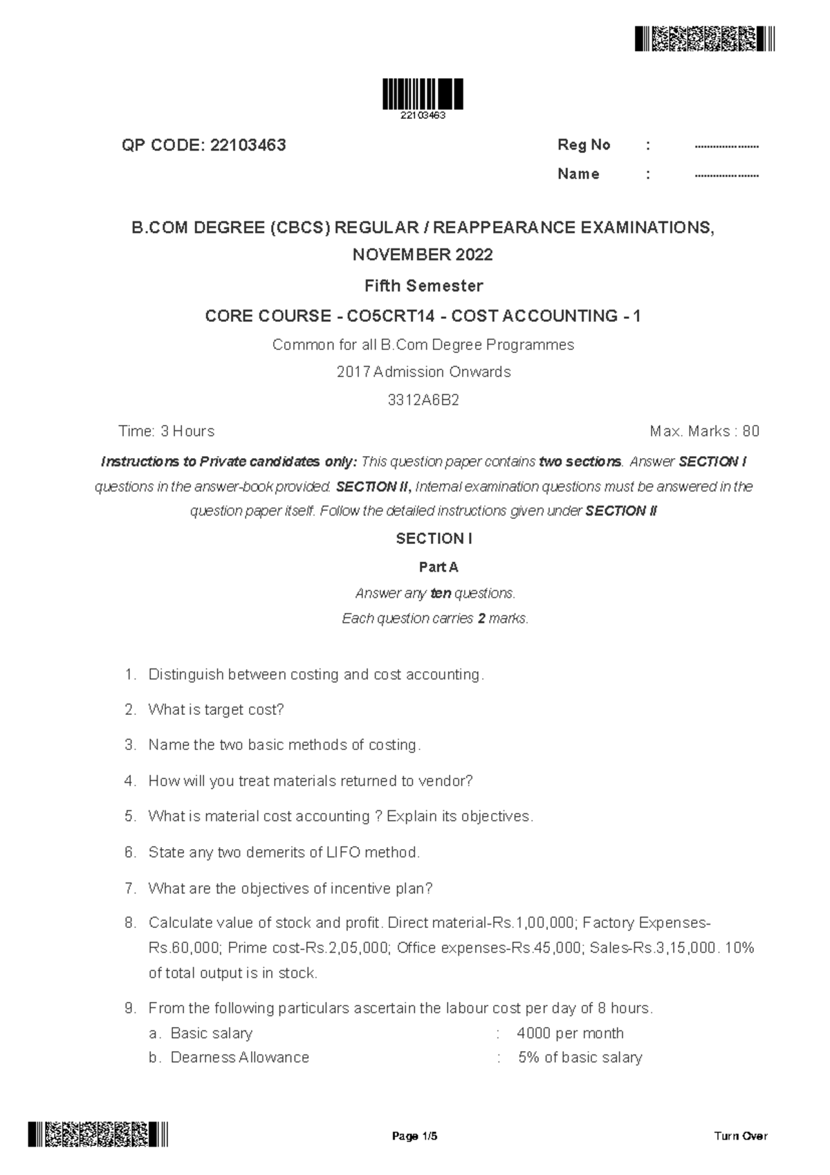Cost- 193 - Question paper - QP CODE: 22103463 Reg No ...