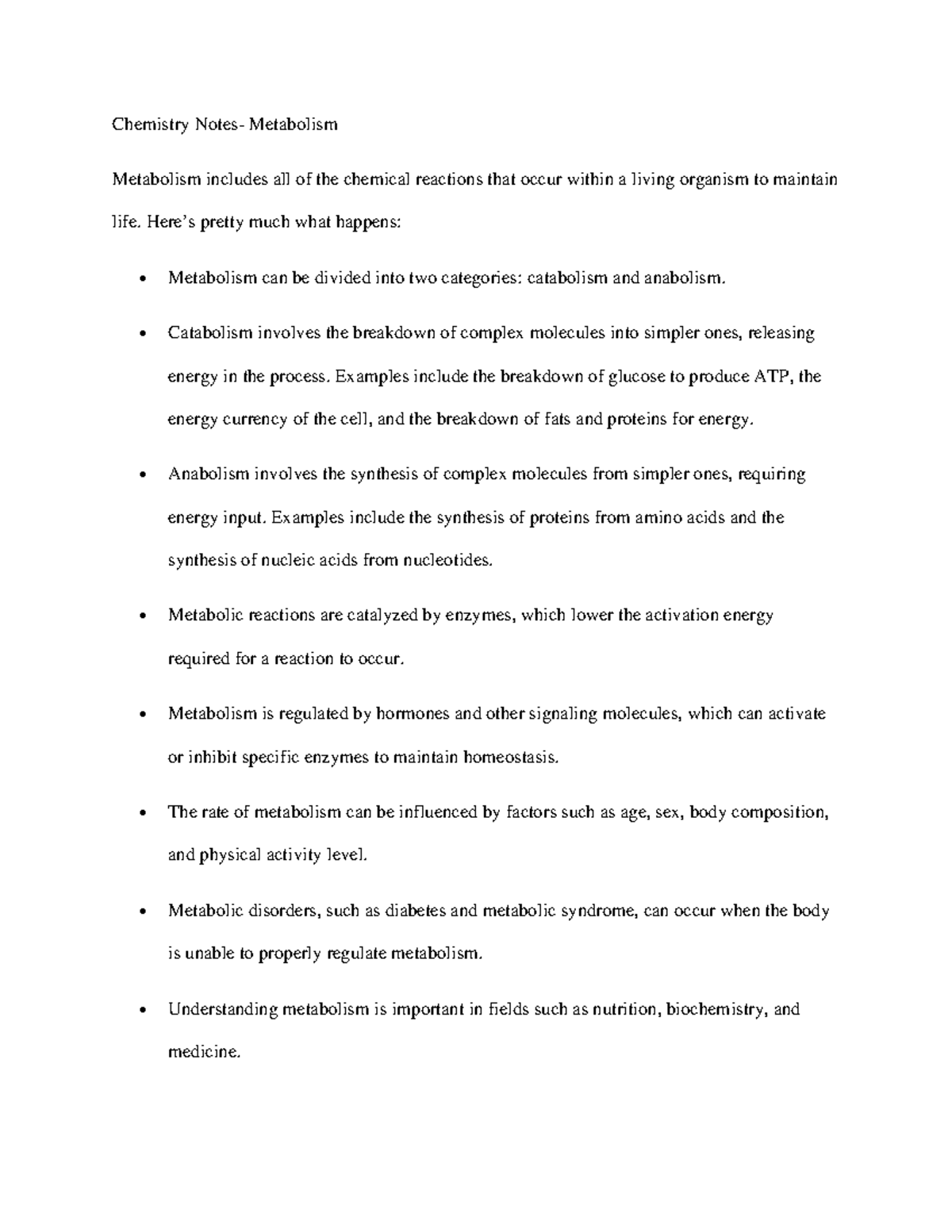 Metabolism Notes - Chemistry Notes- Metabolism Metabolism includes all ...