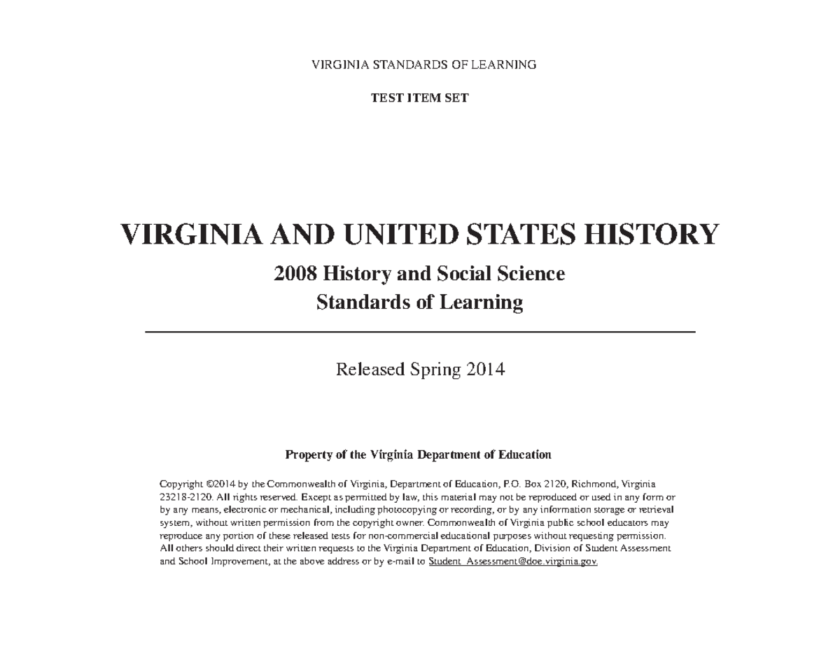 VA-USHistory HS 2014 - SOL Practice - Property of the Virginia ...