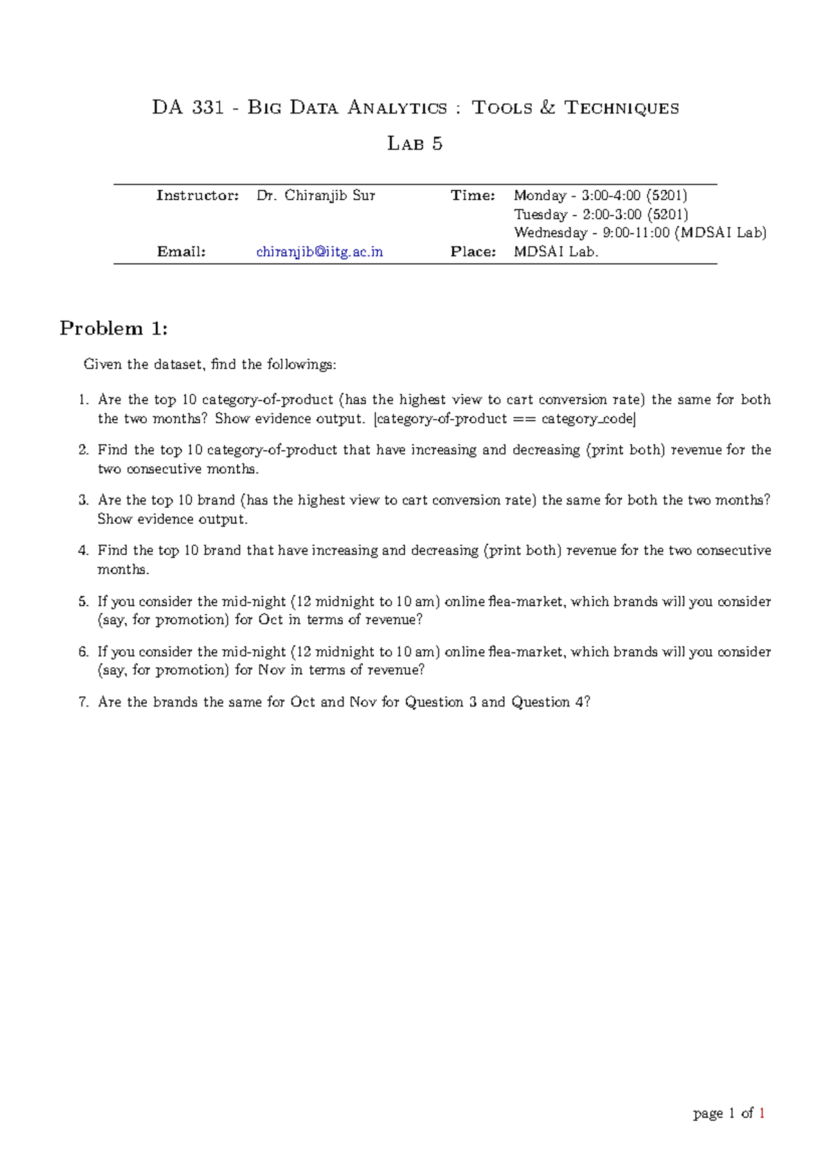 DA 331 Lab5 fall24 - practice questions - DA 331 - Big Data Analytics : Tools & Techniques Lab 5 ...