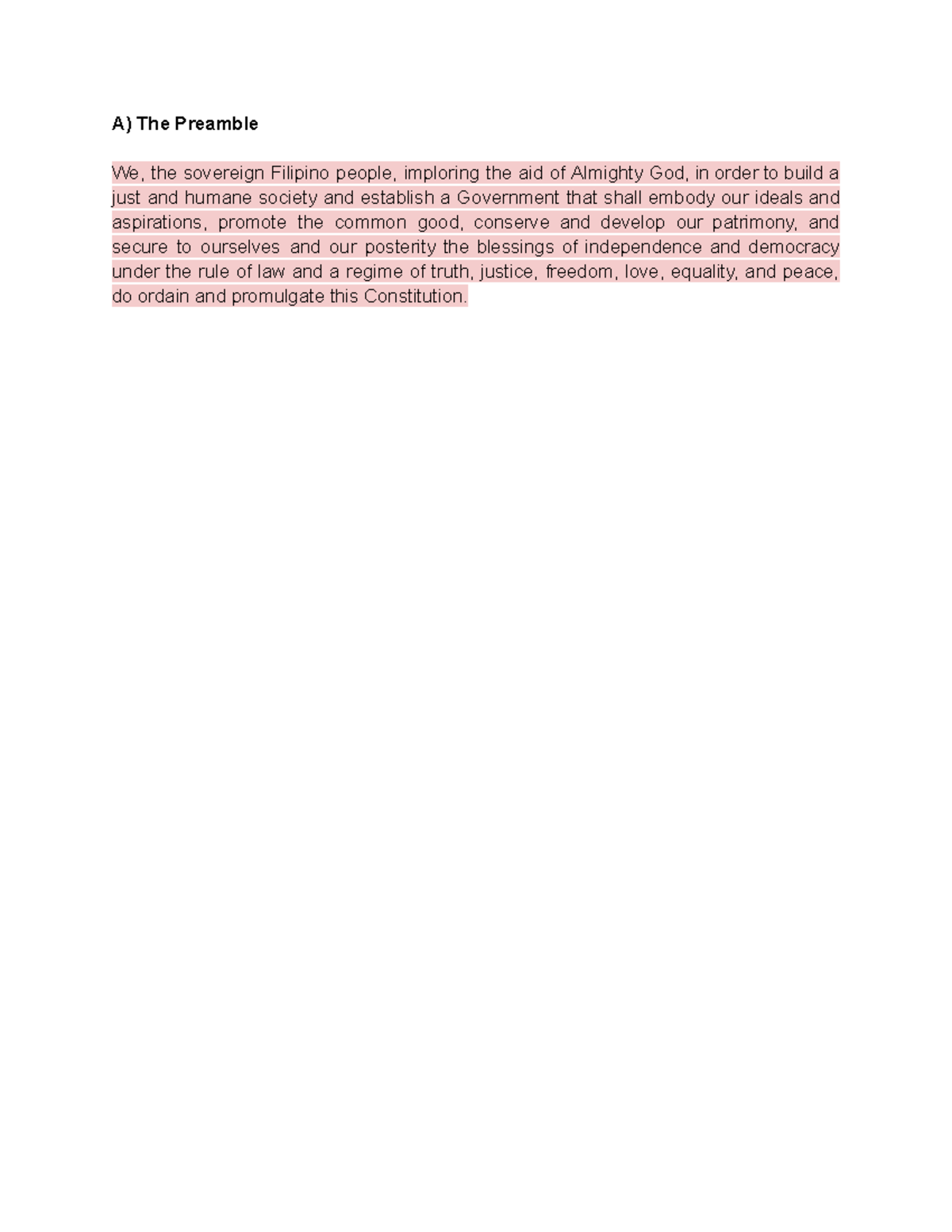 Polgov-1 - A) The Preamble We, the sovereign Filipino people, imploring ...