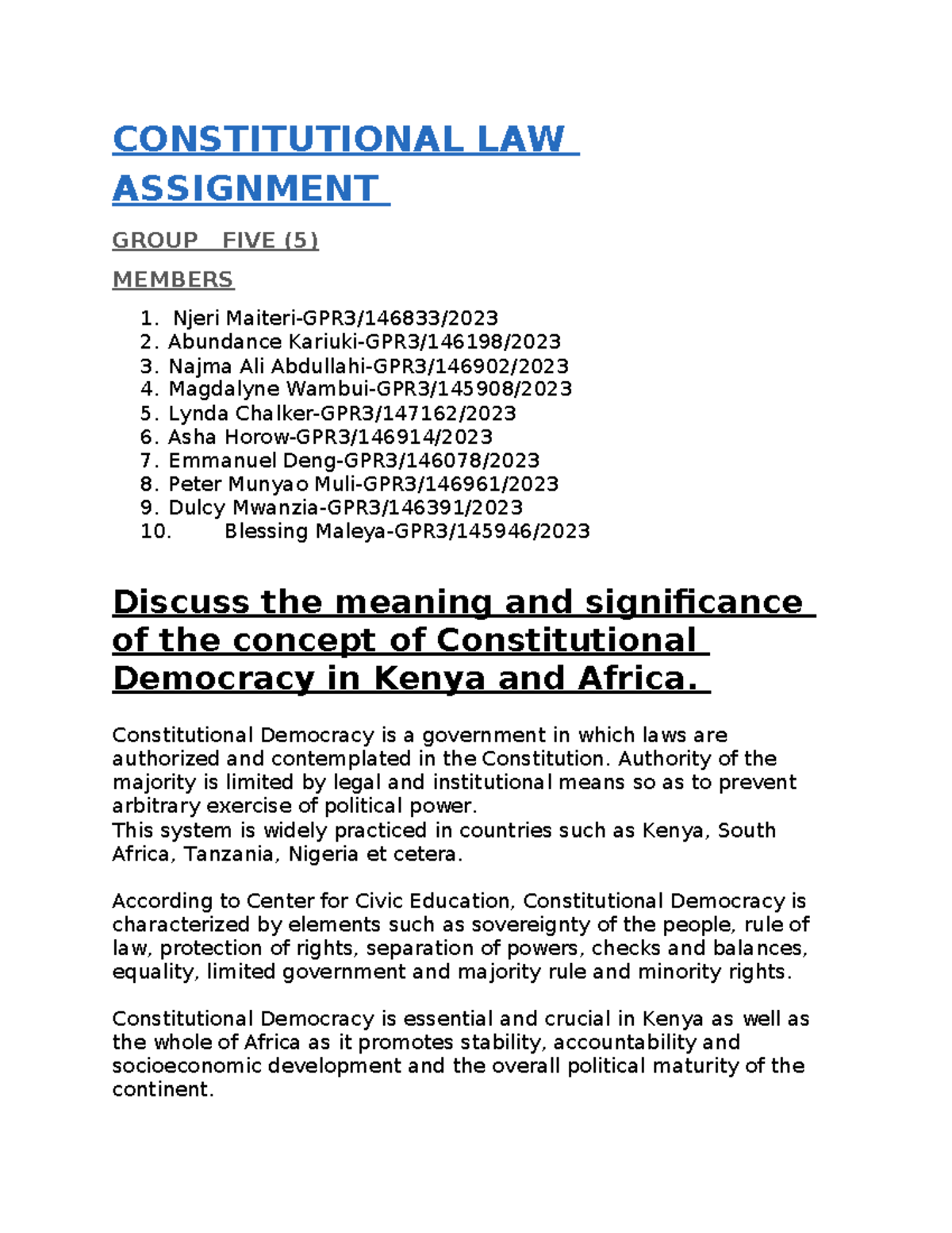 Assignment - CONSTITUTIONAL LAW ASSIGNMENT GROUP FIVE (5) MEMBERS 1 ...