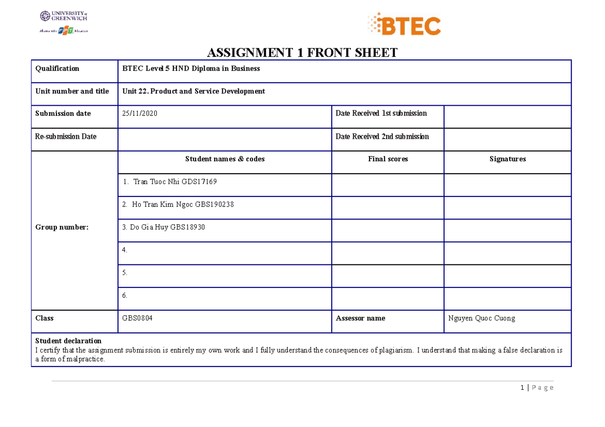 534 Assign 1 Frontsheet - ASSIGNMENT 1 FRONT SHEET Qualification BTEC Level 5 HND Diploma in ...