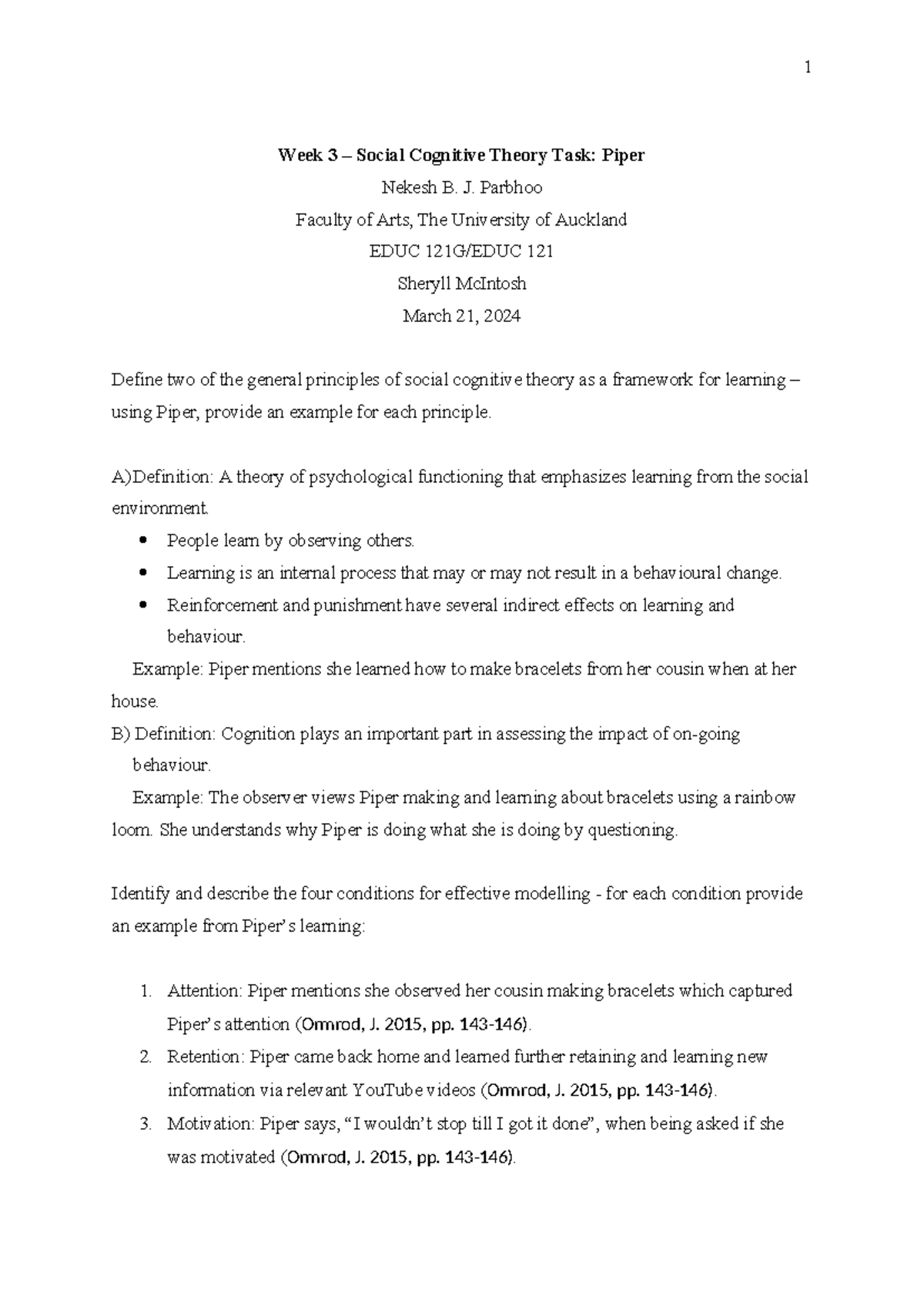 2024 EDUC 121 - 121G Week 3 Assessment TASK - 8948314 - 1 Week 3 – Social Cognitive Theory Task ...