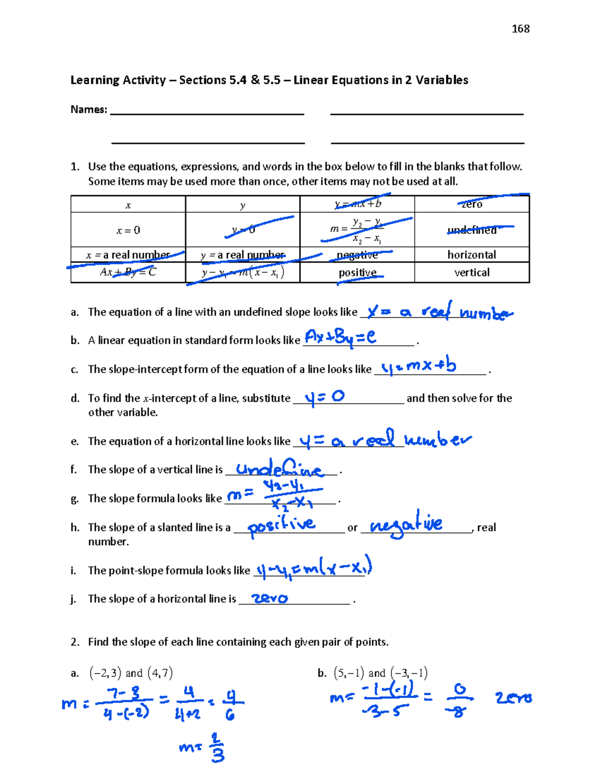 M1105c La 54 And 55 Linear Equations In 2 Variables W Pg Nums Learning Activity Sections 5 