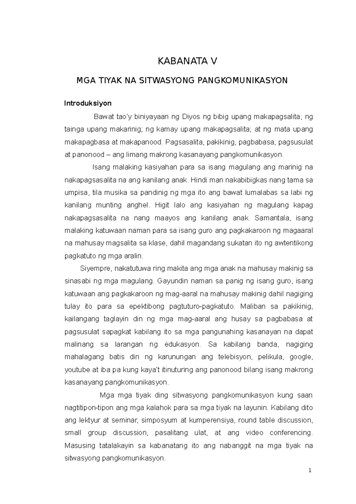 Komfil Kabanata 5 - KABANATA V MGA TIYAK NA SITWASYONG PANGKOMUNIKASYON ...