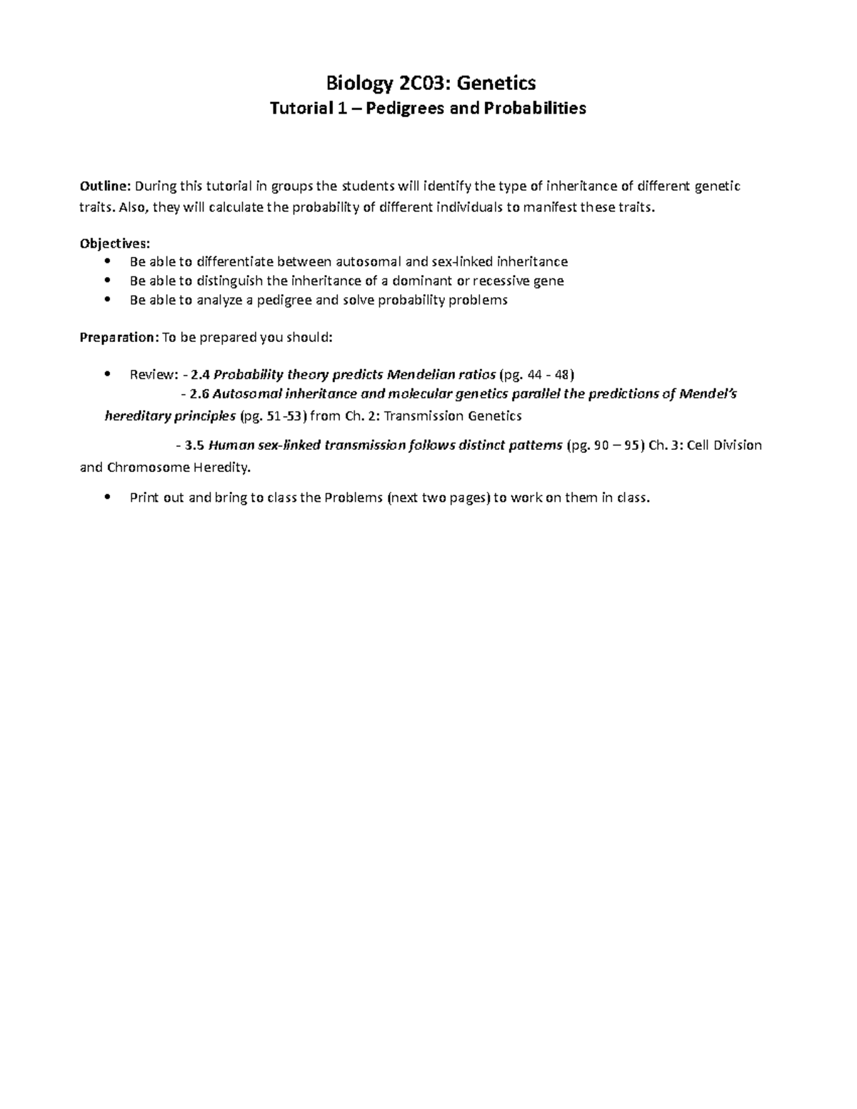 Tutorial 1 Pedigrees and Probabilities - Biology 2C03: Genetics ...