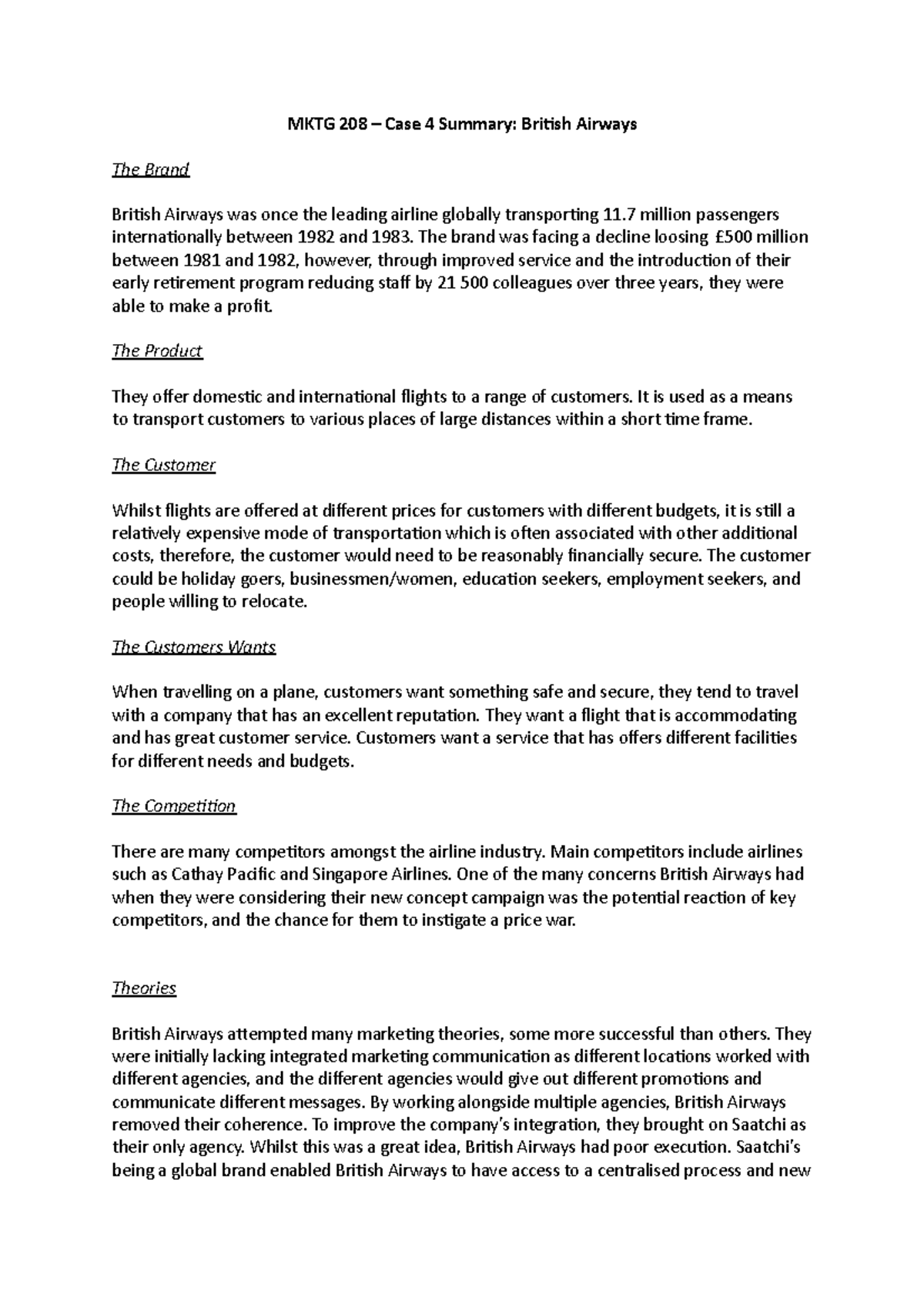 MKTG 208 Case 4 Summary - Case Study - British Airways - MKTG 208 ...