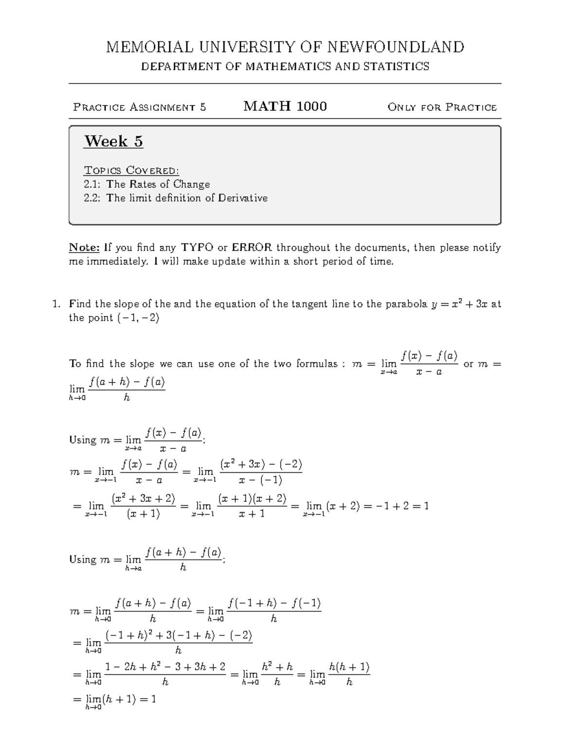 Practice assignment 5 solutions - MEMORIAL UNIVERSITY OF NEWFOUNDLAND ...