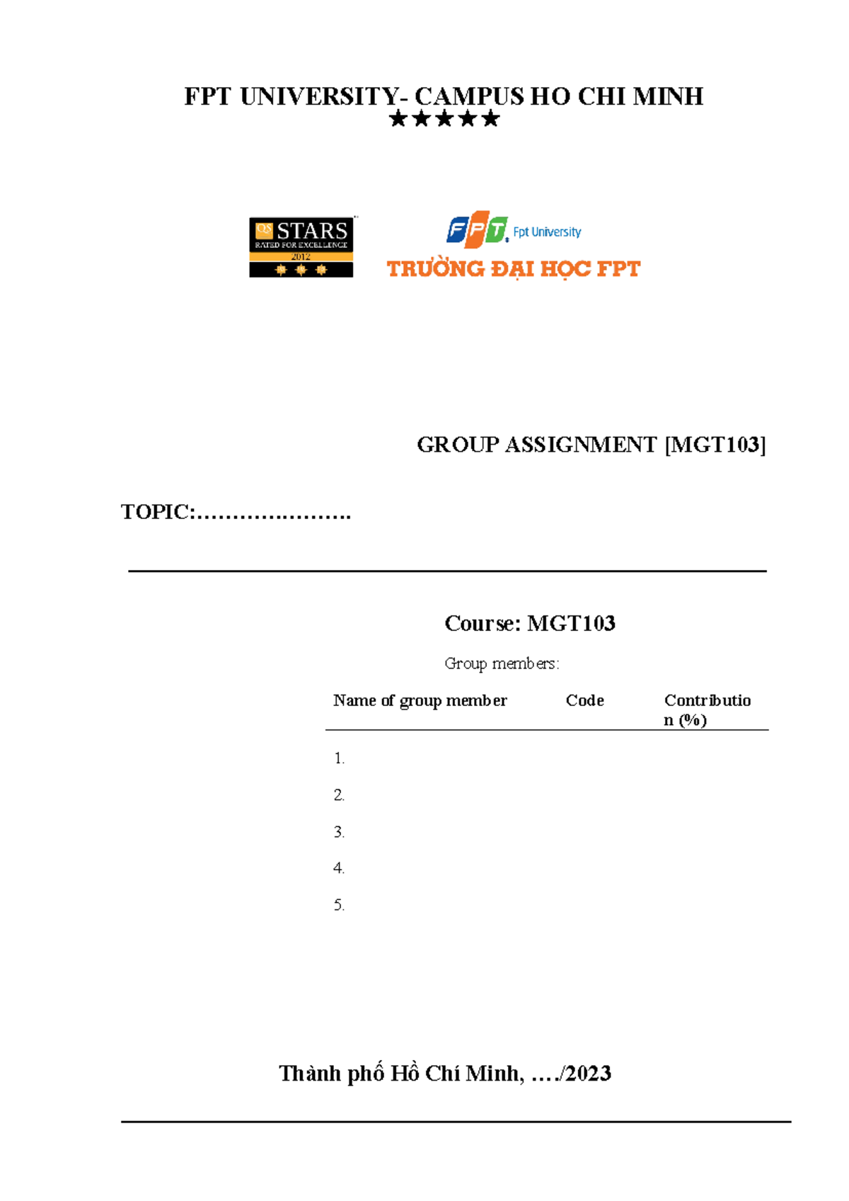 MGT103 Group Assigment SU23 - FPT UNIVERSITY- CAMPUS HO CHI MINH GROUP ...
