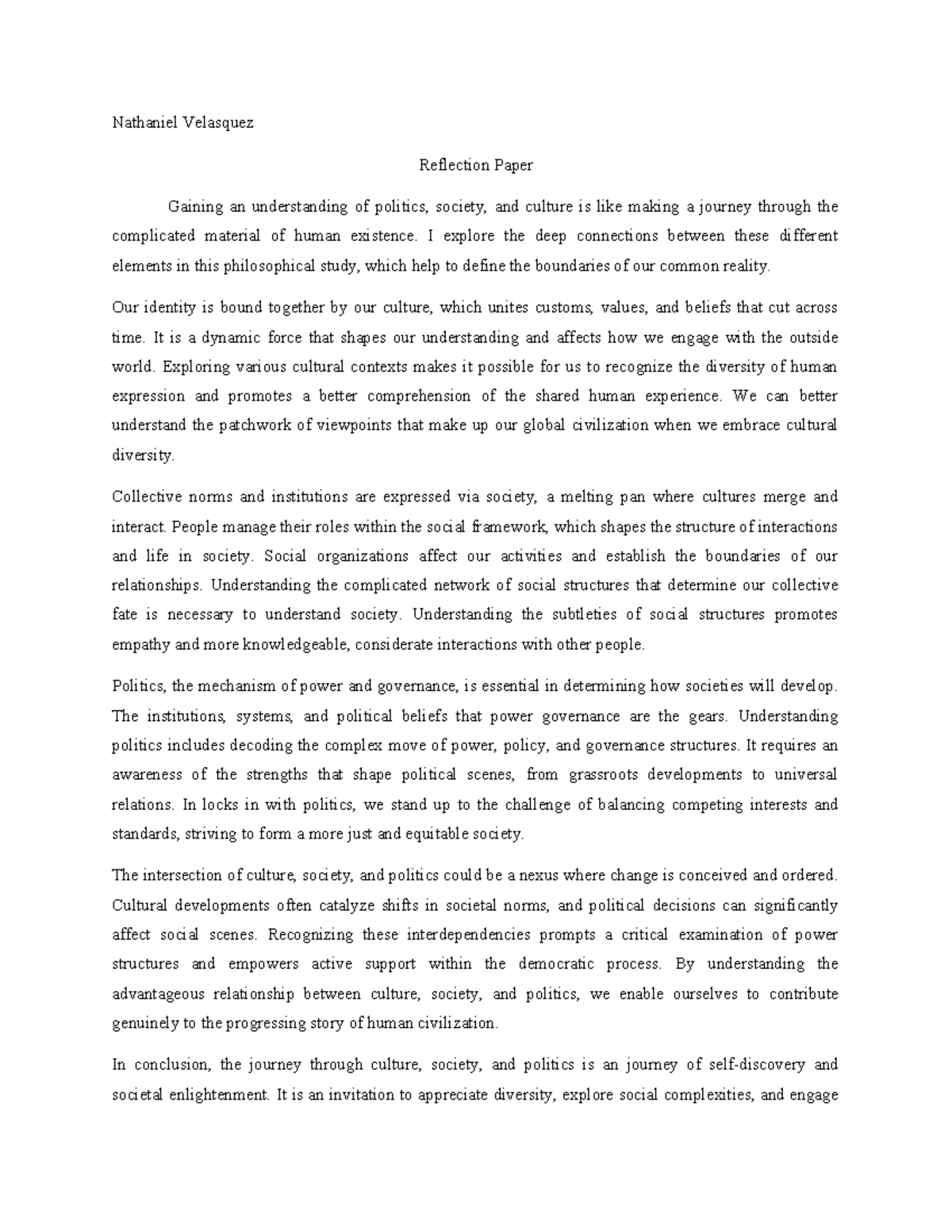 Reflection - Nathaniel Velasquez Reflection Paper Gaining an ...