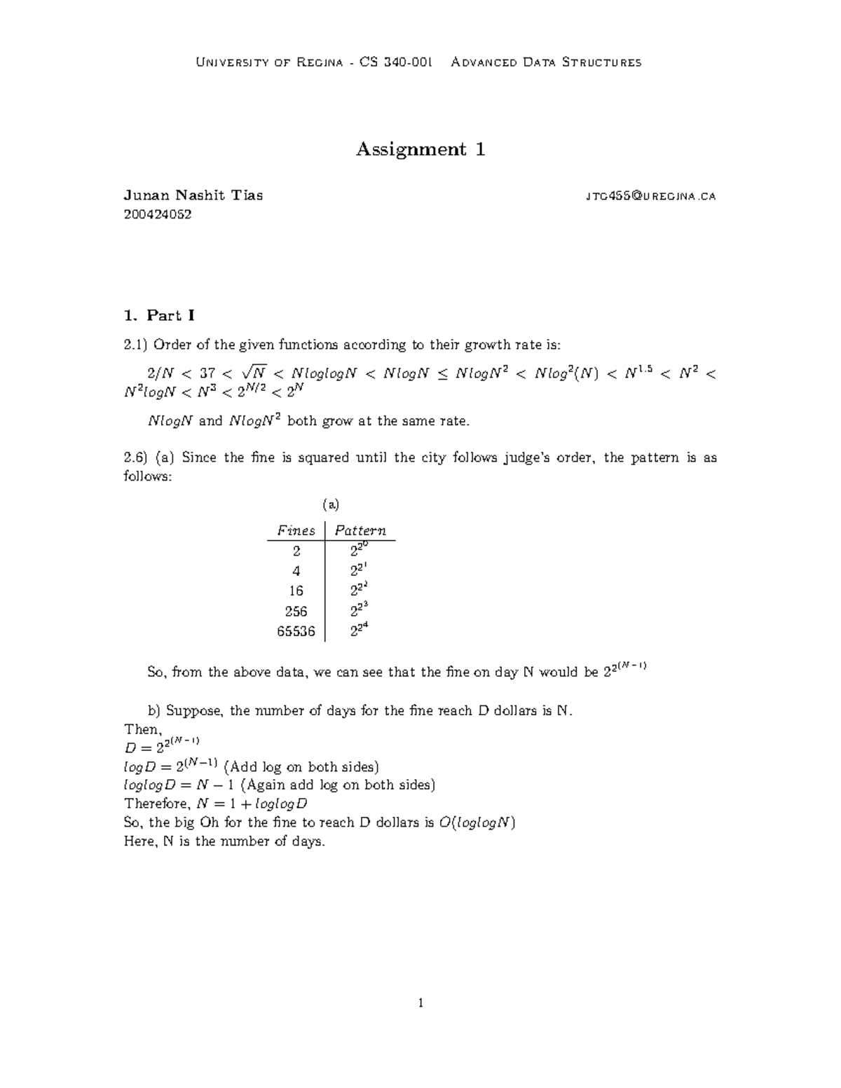 CS 340 Assignment 1 - University of Regina - CS 340-001 Advanced Data Structures Assignment 1 ...