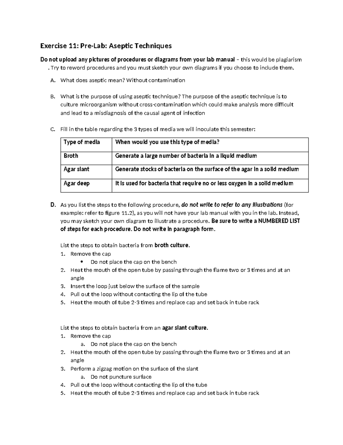 Rick pre-lab aseptic technique - Exercise 11: Pre-Lab: Aseptic ...