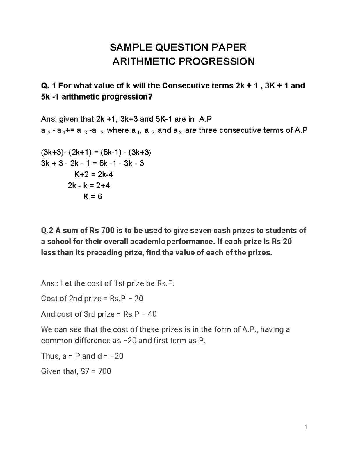 Sample Question Paper - 1 - SAMPLE QUESTION PAPER ARITHMETIC ...