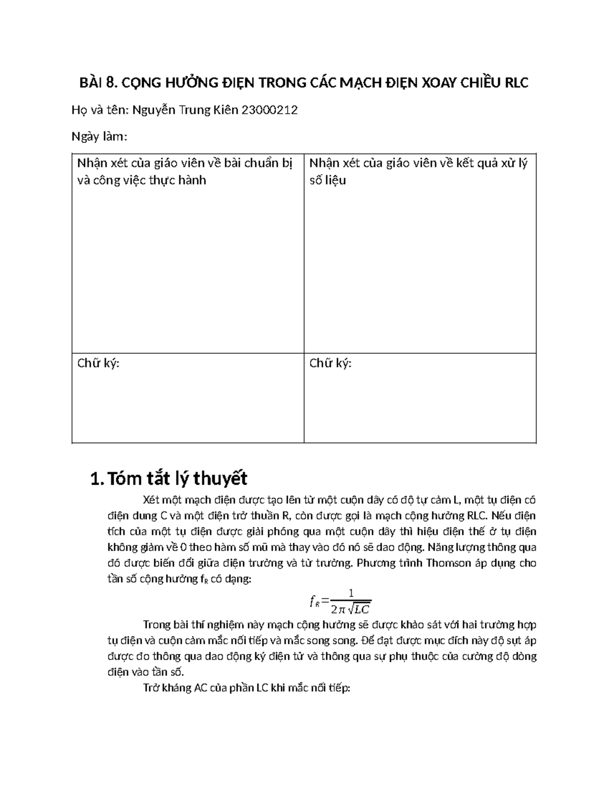 Bài 8 thvldc 2 - cộng hưởng điện trong các mạch xoay chiều rlc - BÀI 8 ...