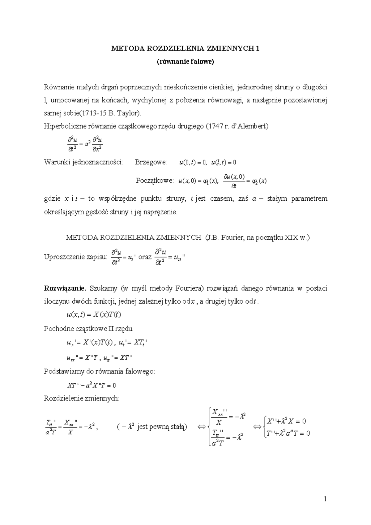 1metoda Fouriera Falowe wykład 8 - 1 METODA ROZDZIELENIA ZMIENNYCH 1 ...