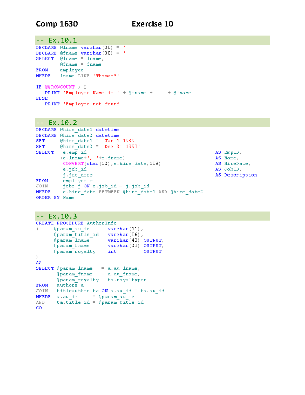 Comp 1630 Exercise 10 Solution Comp 1630 Exercise 10 Ex 10 Declare Lname Varchar 30 0001