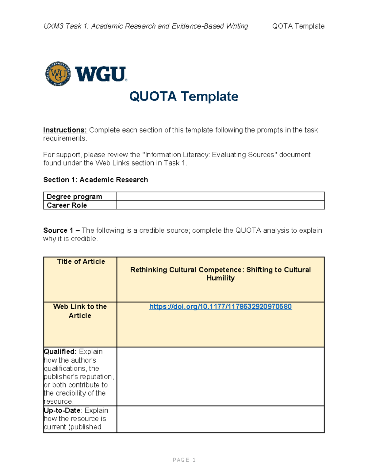 Quota Template - TASK 1 - QUOTA Template Instructions: Complete each ...