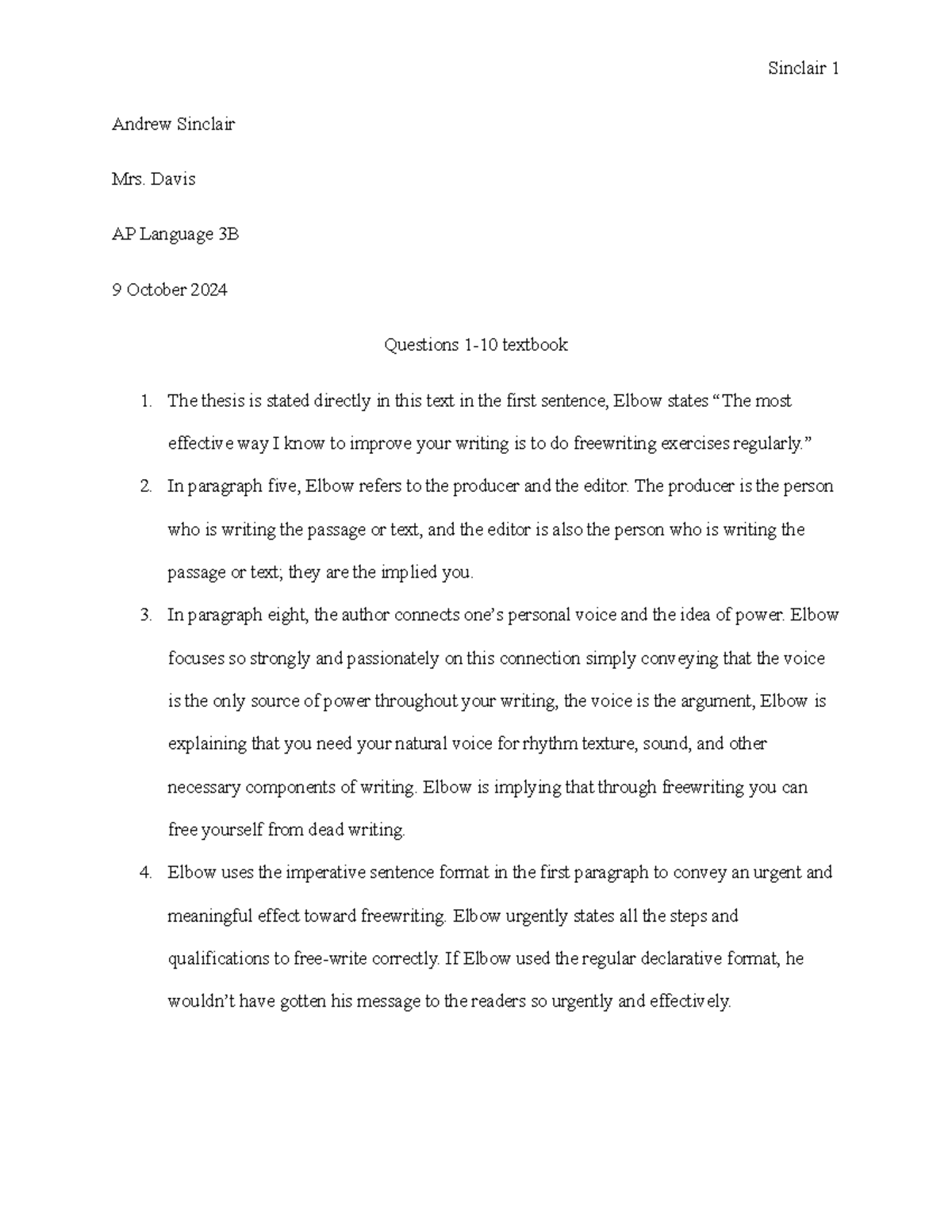 Ap lang text work - ap lang text work - Sinclair 1 Andrew Sinclair Mrs ...
