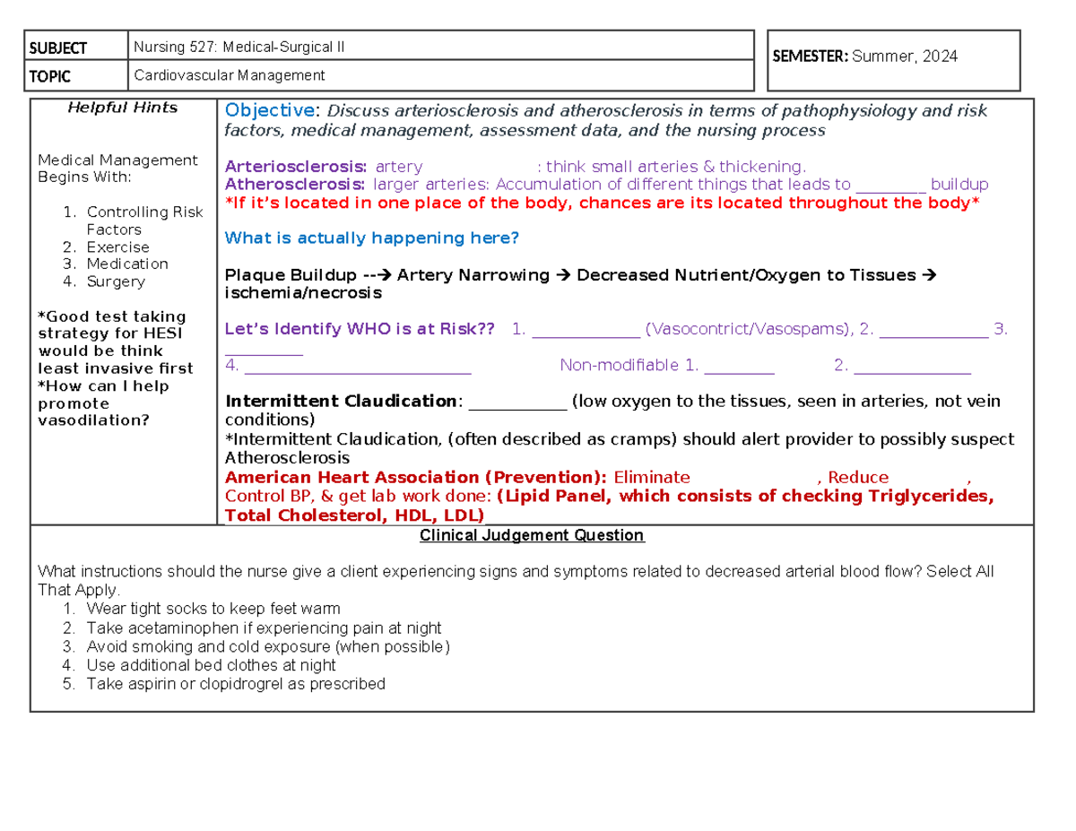 Student Notes Week 2 Unit 2 - Helpful Hints Medical Management Begins ...