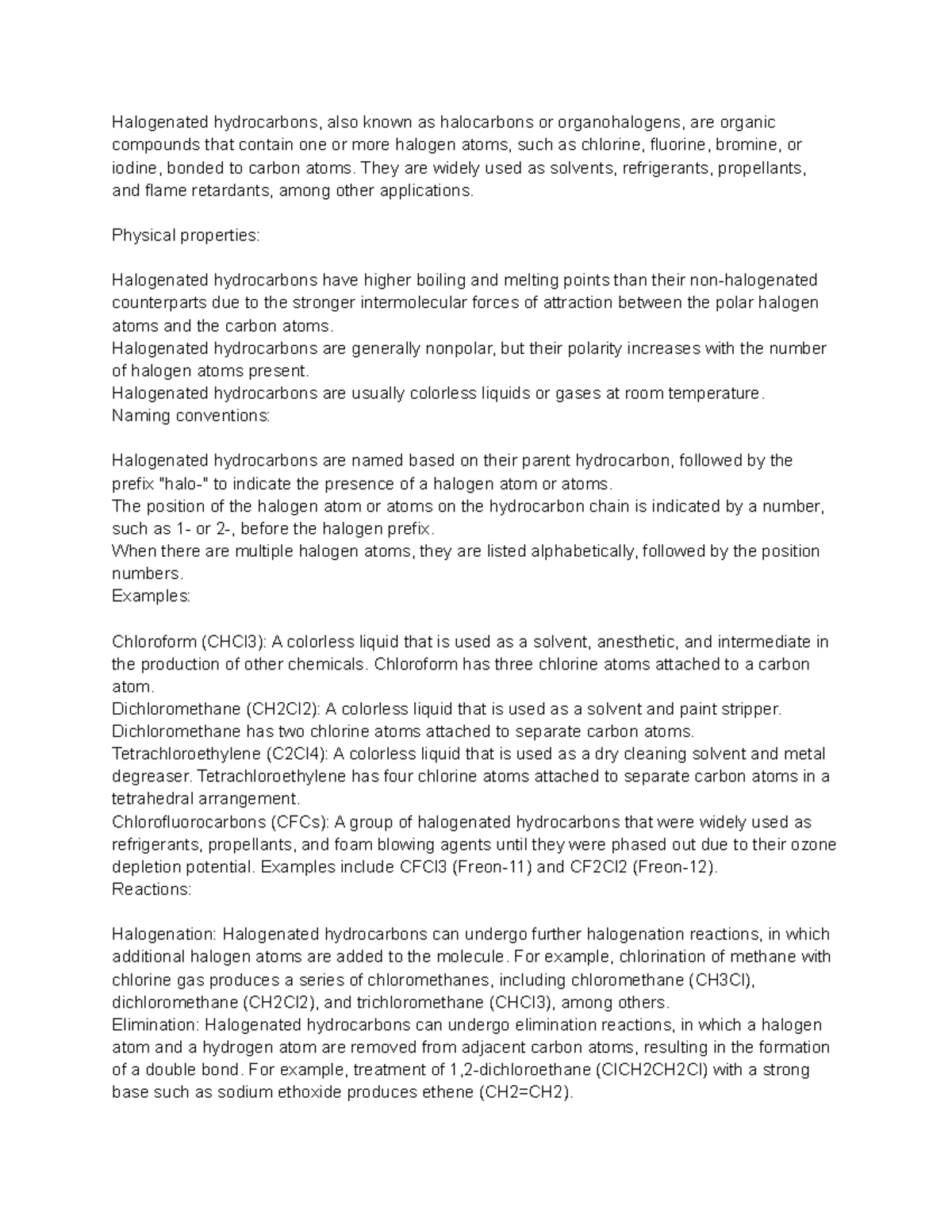 Halogenated hydrocarbons notes - Halogenated hydrocarbons, also known ...