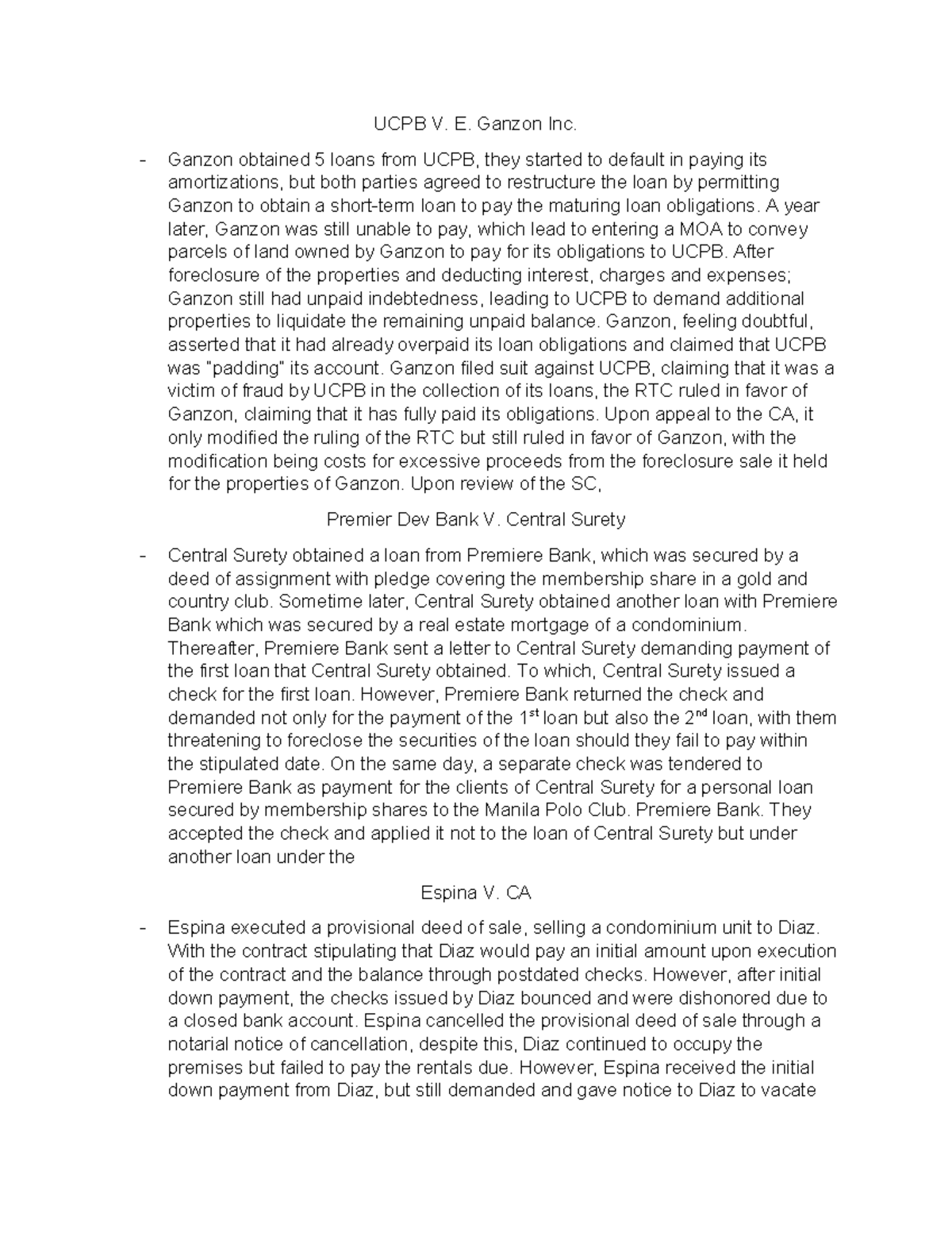Oblicon sample digests - UCPB V. E. Ganzon Inc. Ganzon obtained 5 loans ...
