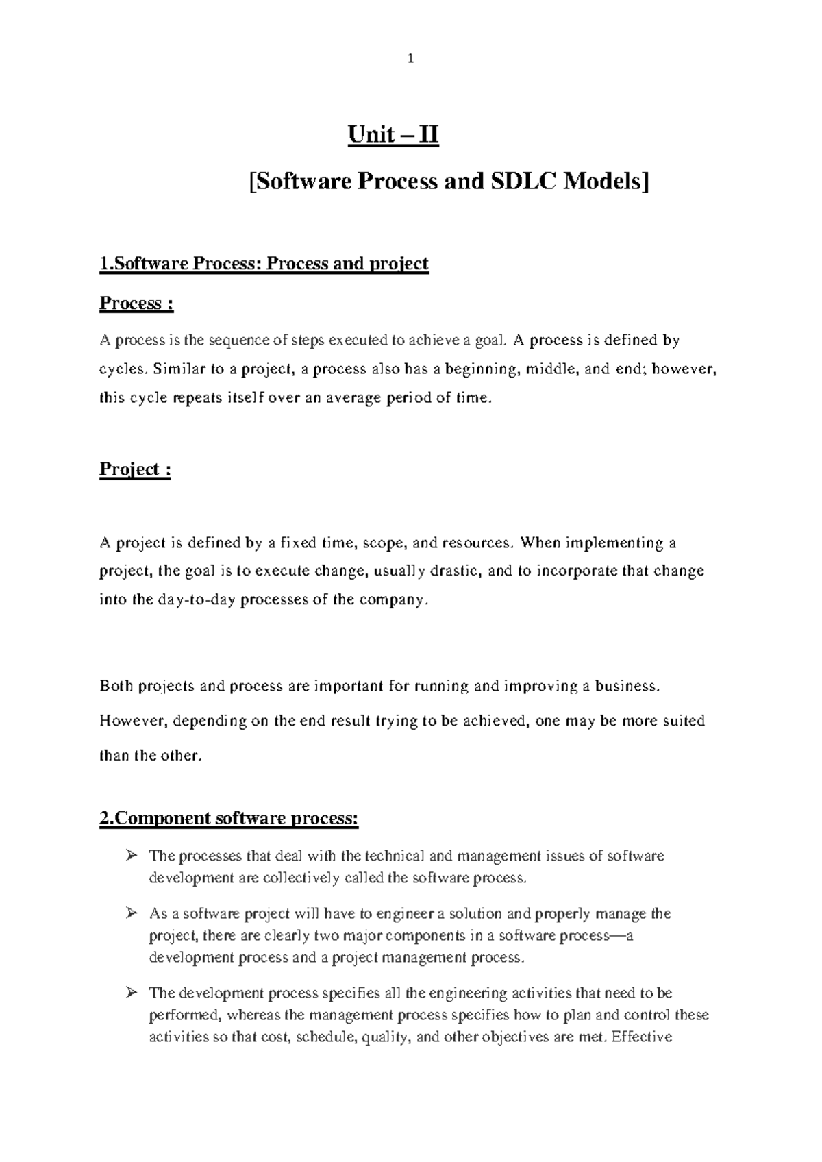 SE unit2 notes - Unit – II [Software Process and SDLC Models] 1 Process ...
