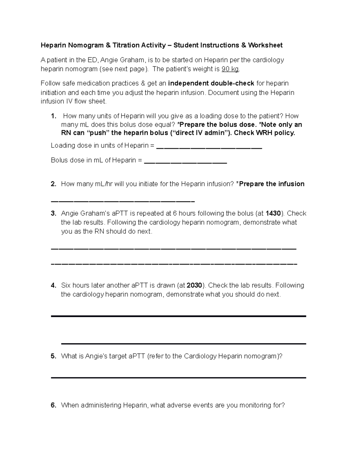 Heparin Titration - Student COPY - Heparin Nomogram & Titration Activity – Student Instructions ...
