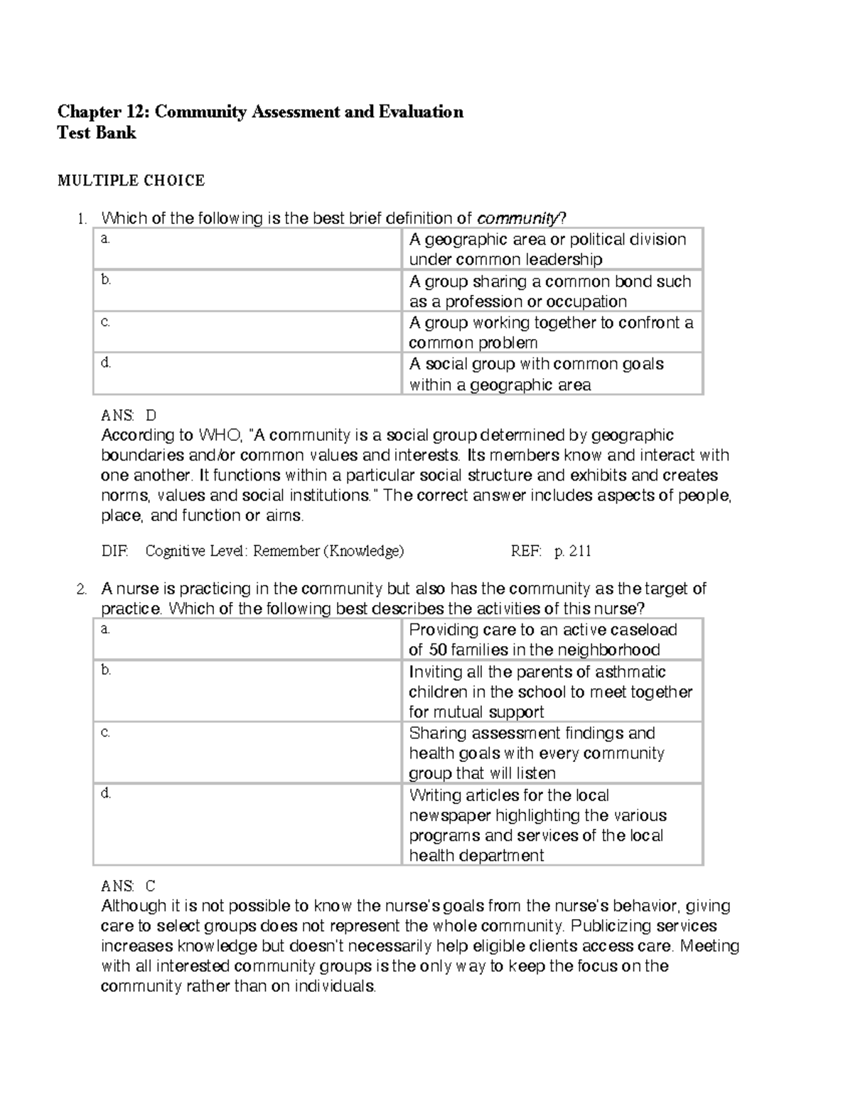 Exam 1 community - Chapter 12: Community Assessment and Evaluation Test ...