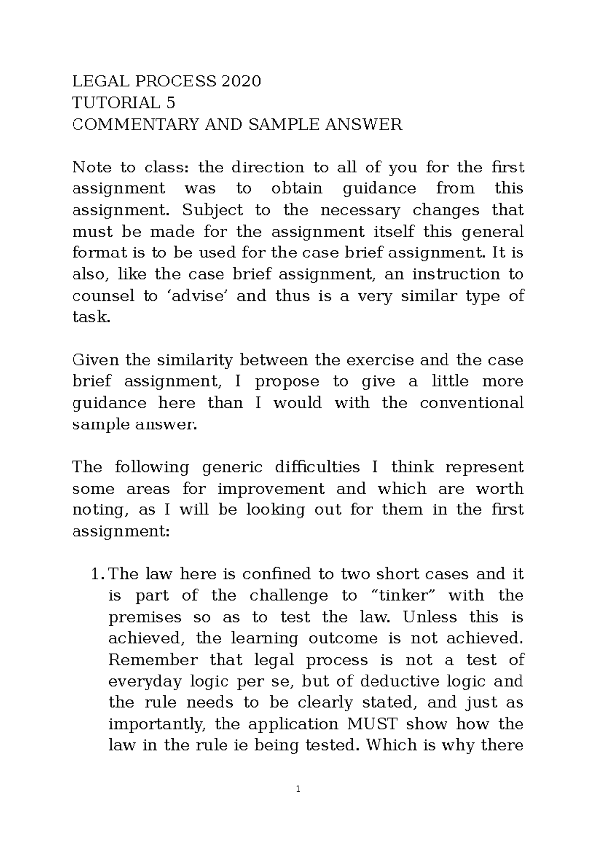 LP2020 Tute 5 Sample - LEGAL PROCESS 2020 TUTORIAL 5 COMMENTARY AND ...