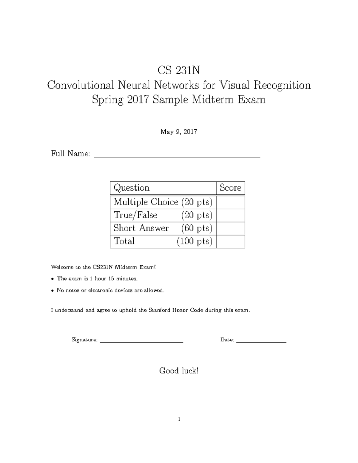 CS231NSample Midterm 2017 - CS 231N Convolutional Neural Networks for Visual Recognition Spring ...