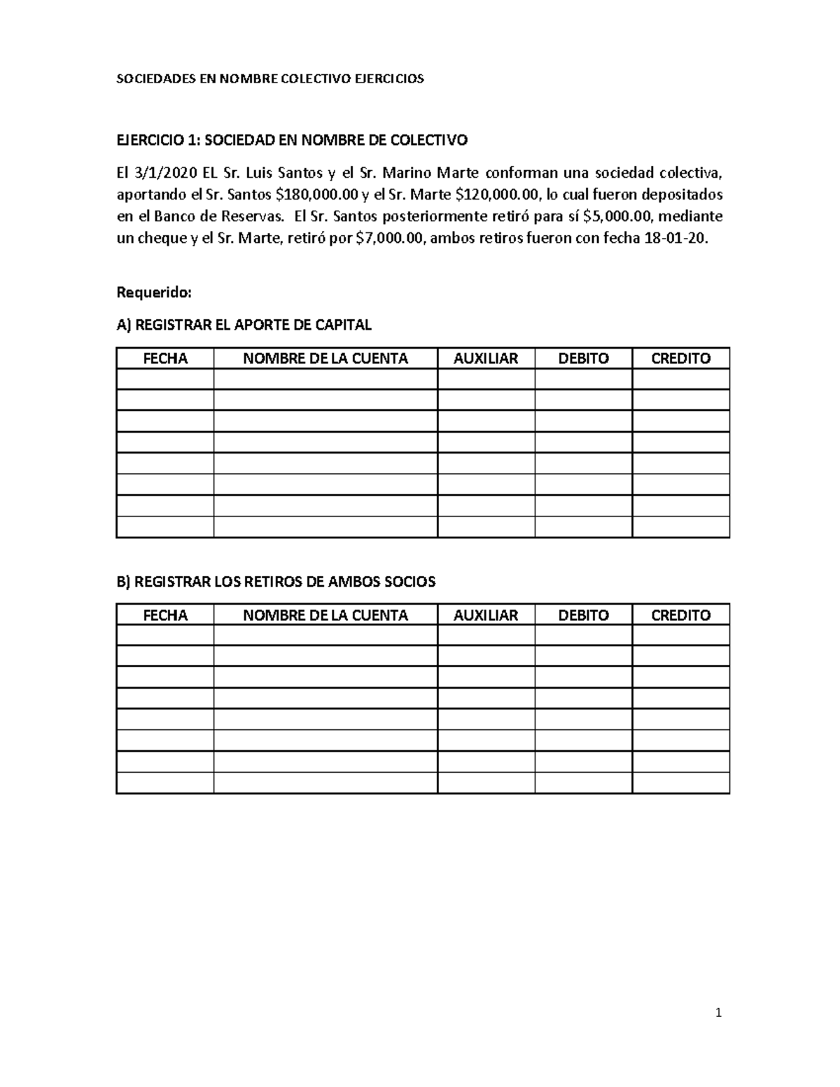 2.2 Practica #1 DEL Capital - SOCIEDADES EN NOMBRE COLECTIVO EJERCICIOS EJERCICIO 1: SOCIEDAD EN ...